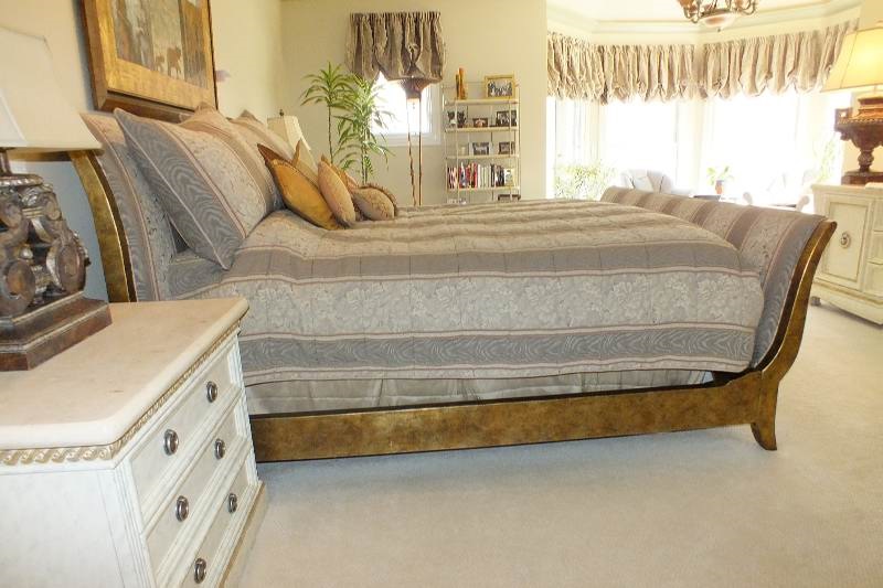 Custom designed King size Sleigh bed, mattress, box spring and bedding ...