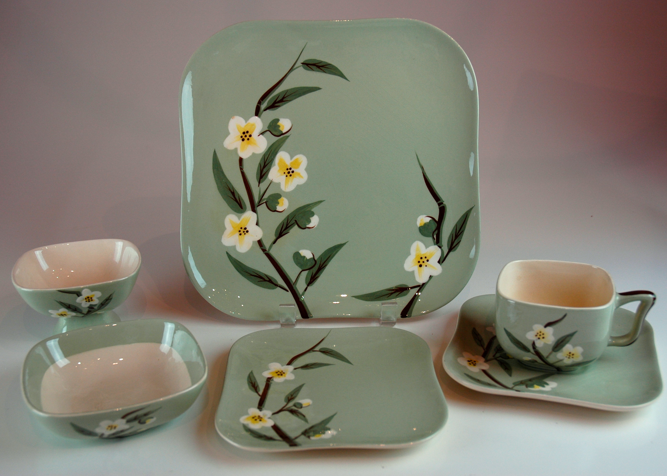 Set of 108 Weil Ware Celadon Dishes in Blossom Pattern with Asian Flair ...