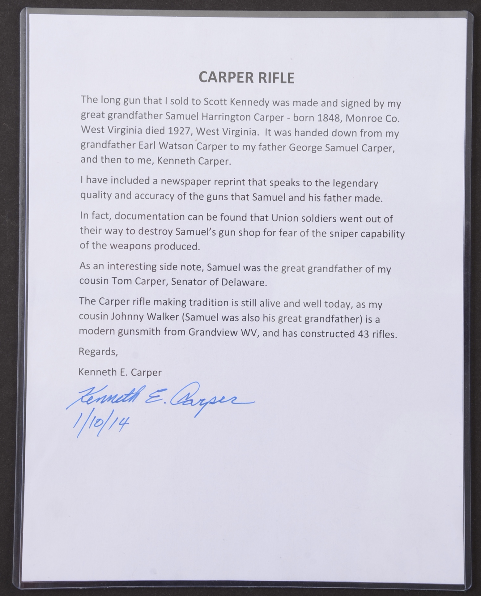 Rare Samuel Carper Signed and Numbered Half Stock Rifle | EBTH