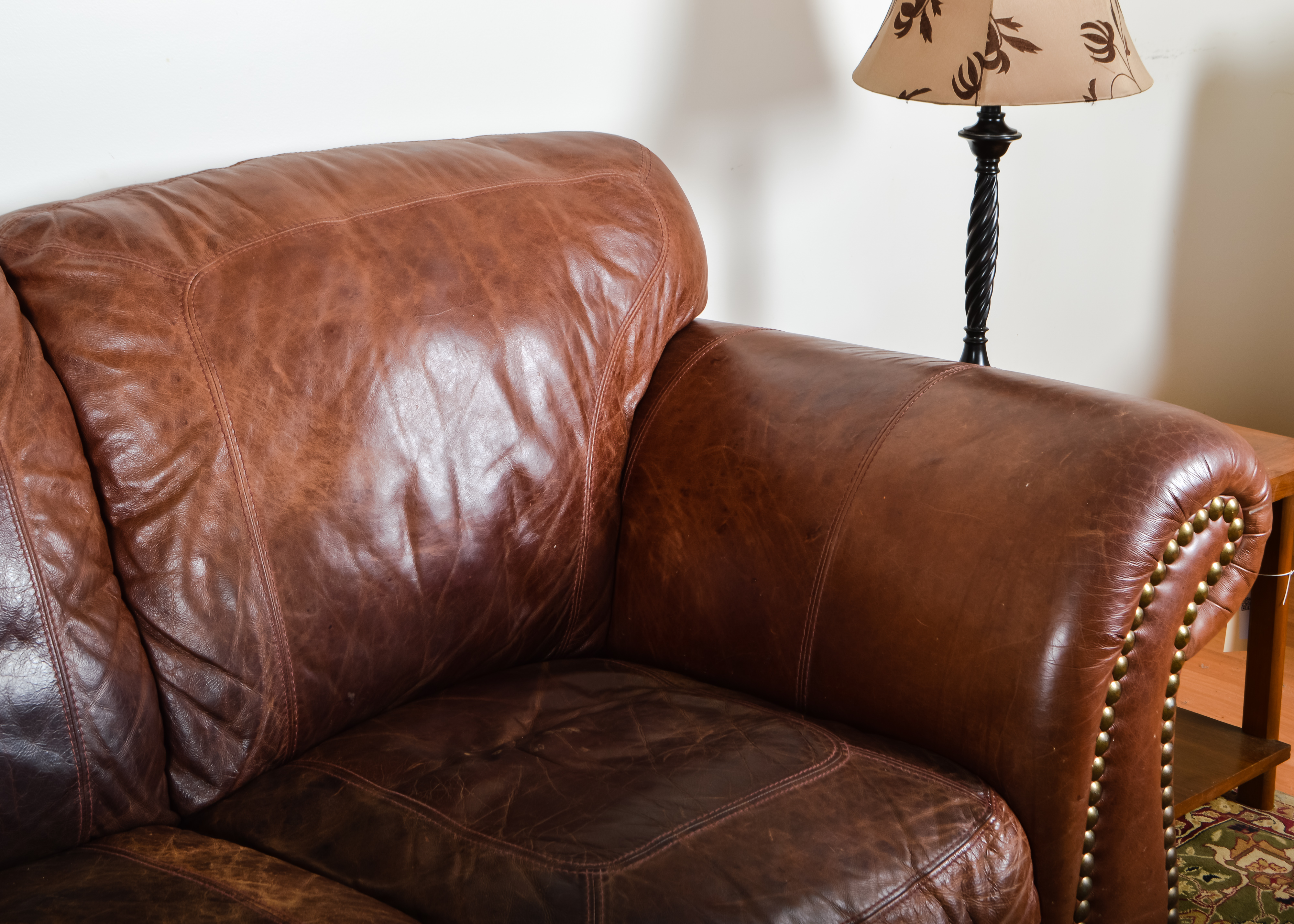 Mahogany Leather Sofa with Nailhead Trim | EBTH