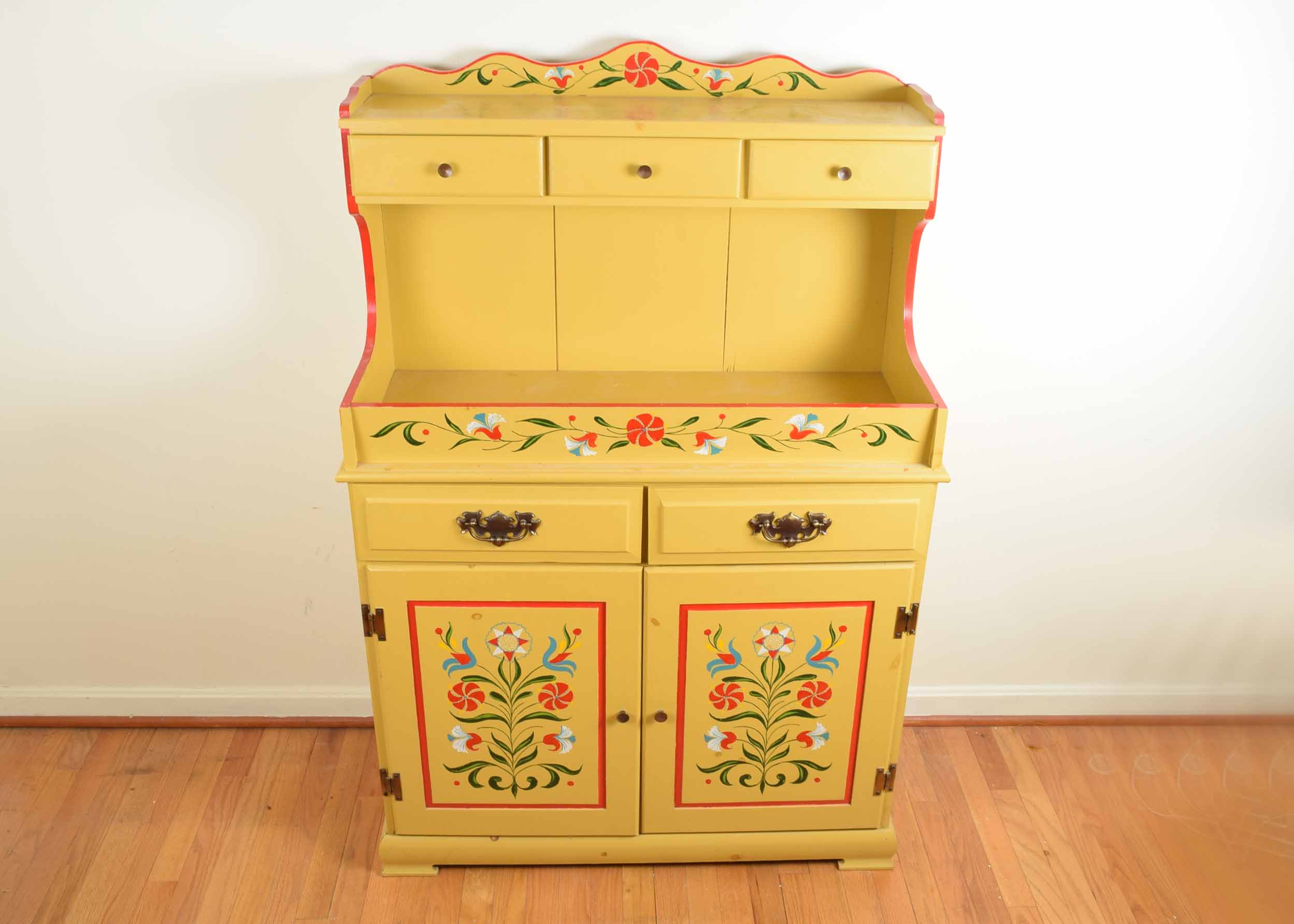 Finnish Yellow Tole Folk Art Painted Cabinet | EBTH