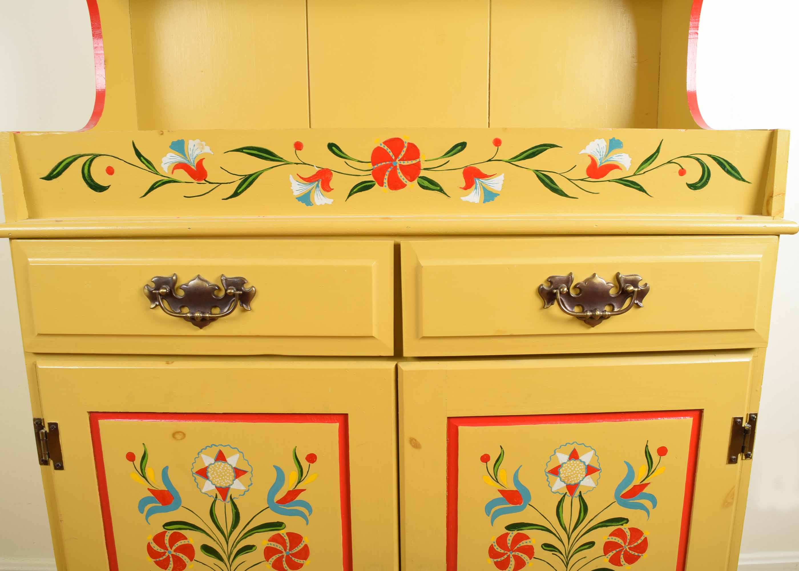 Finnish Yellow Tole Folk Art Painted Cabinet | EBTH