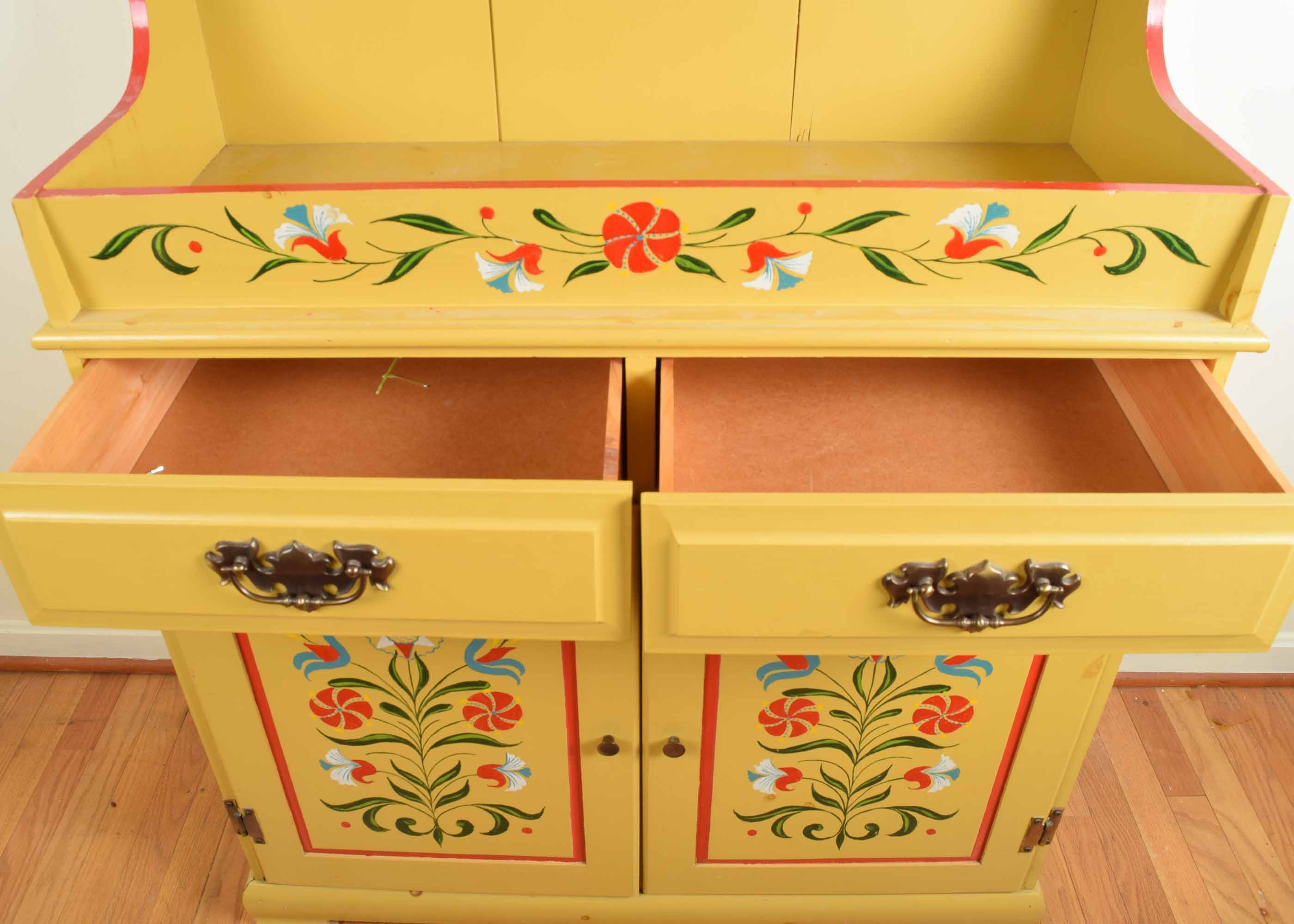 Finnish Yellow Tole Folk Art Painted Cabinet | EBTH