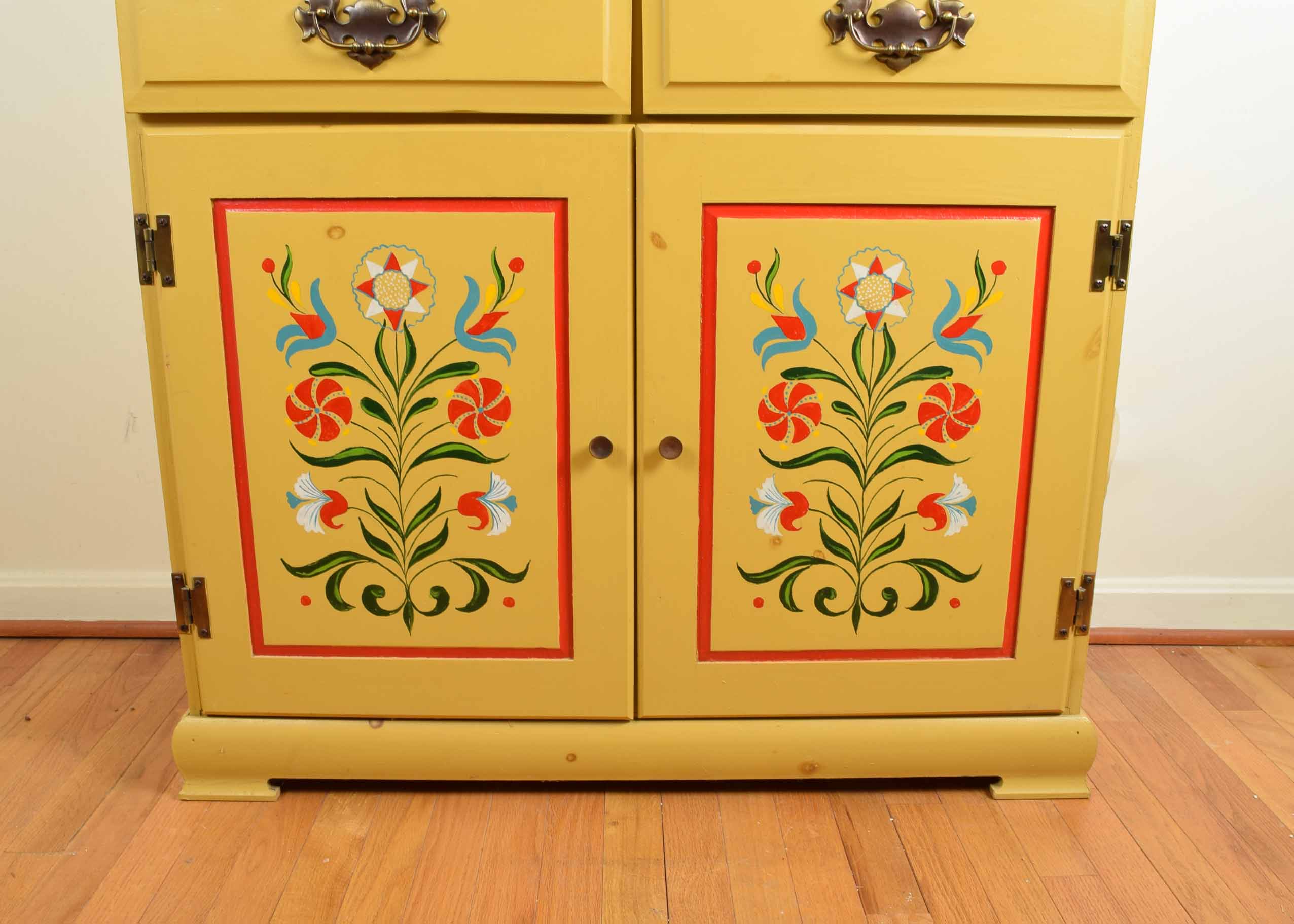 Finnish Yellow Tole Folk Art Painted Cabinet | EBTH