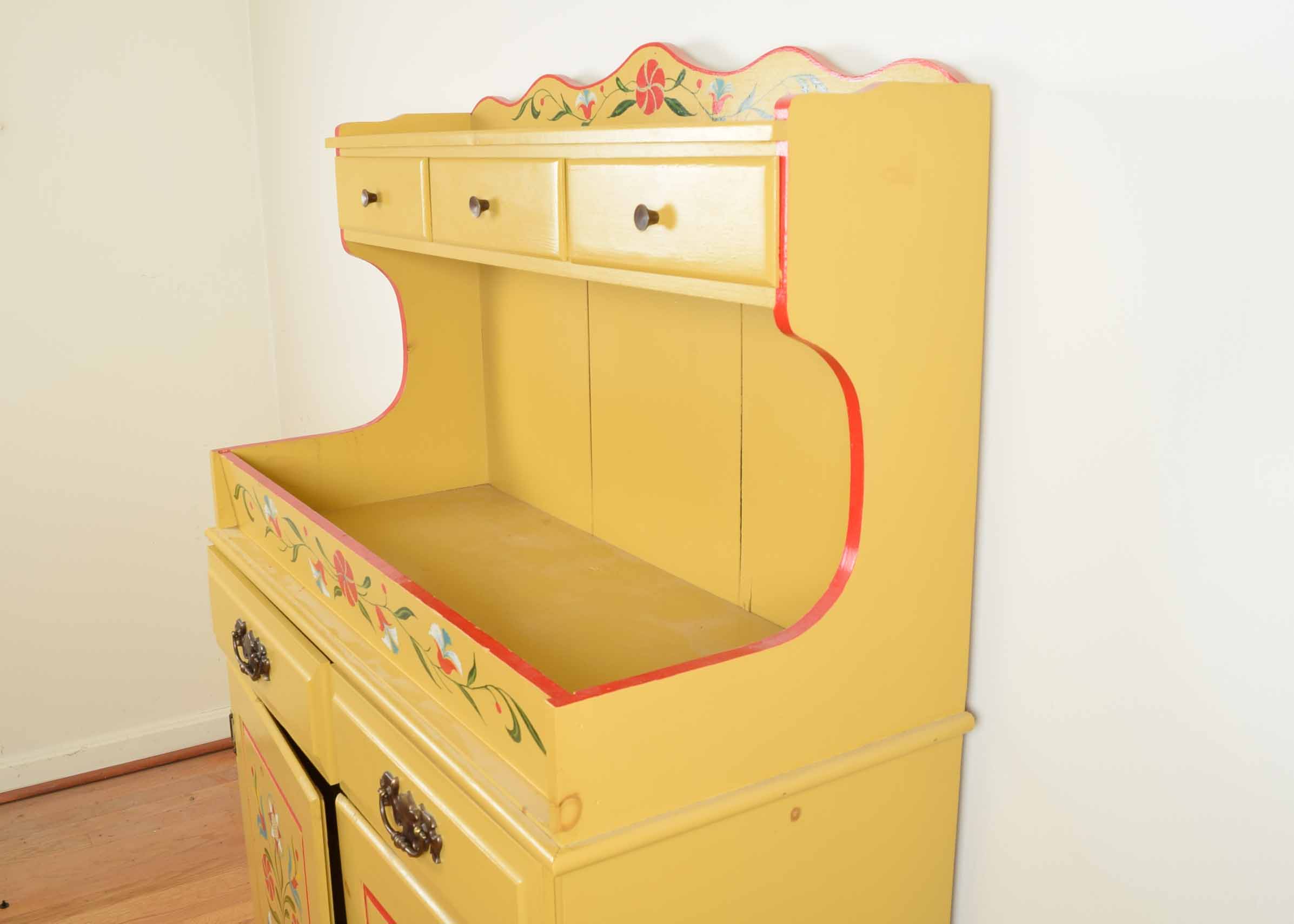 Finnish Yellow Tole Folk Art Painted Cabinet | EBTH