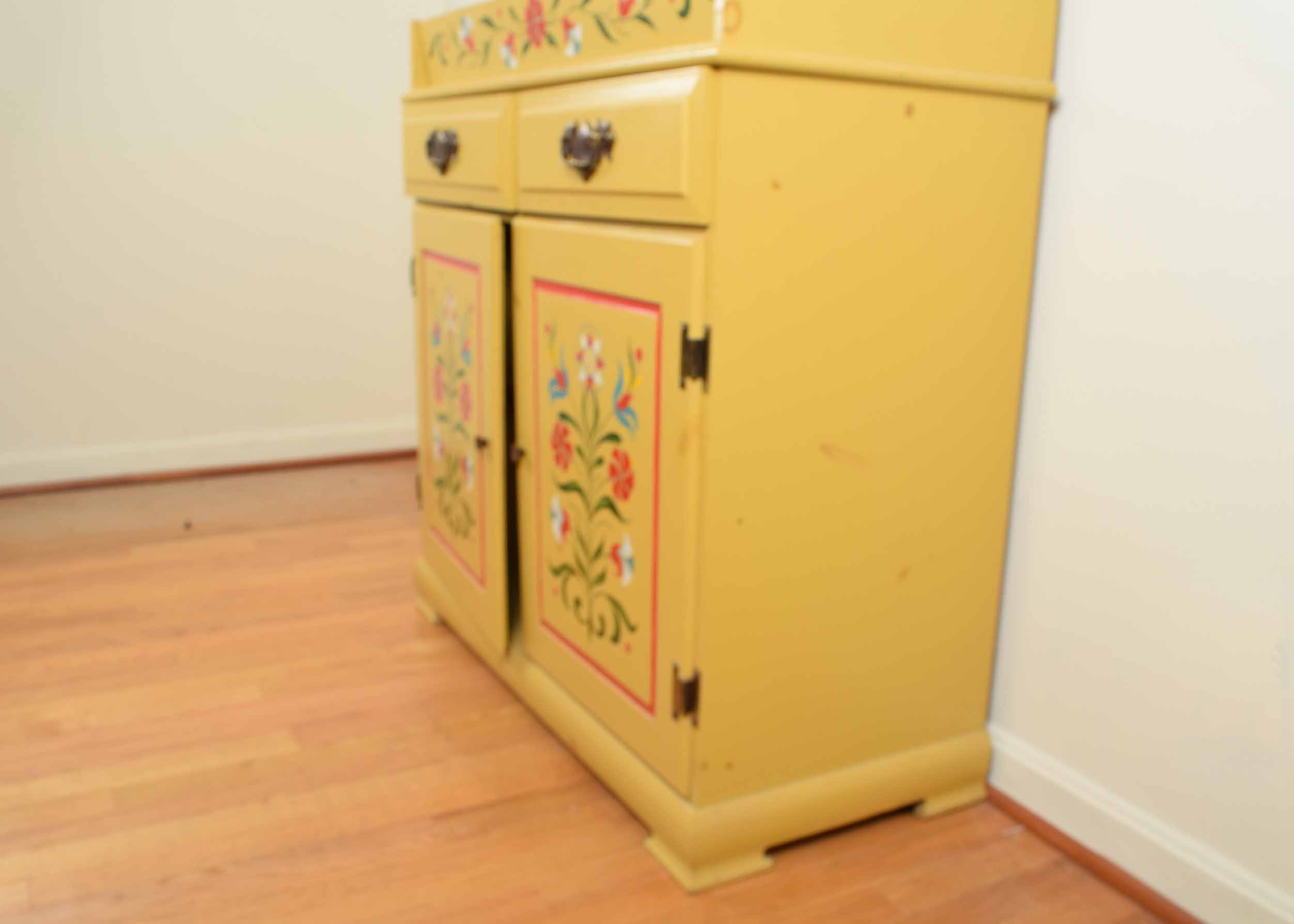 Finnish Yellow Tole Folk Art Painted Cabinet | EBTH