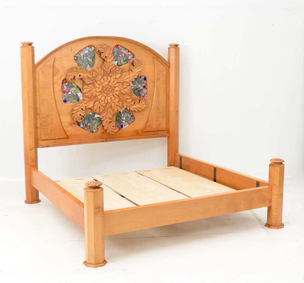 Custom Curly Maple King Bed with Stained Glass | EBTH