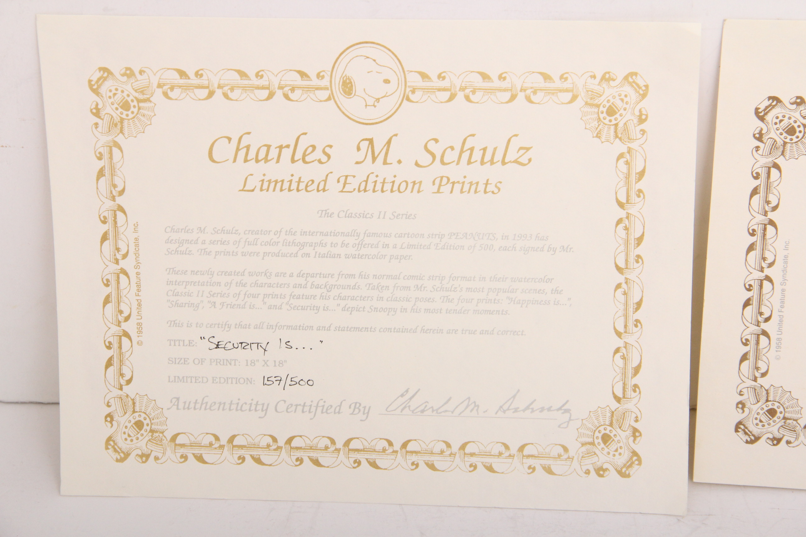 Signed Limited Edition Charles Shultz Lithograph "Security Is a Thumb ...