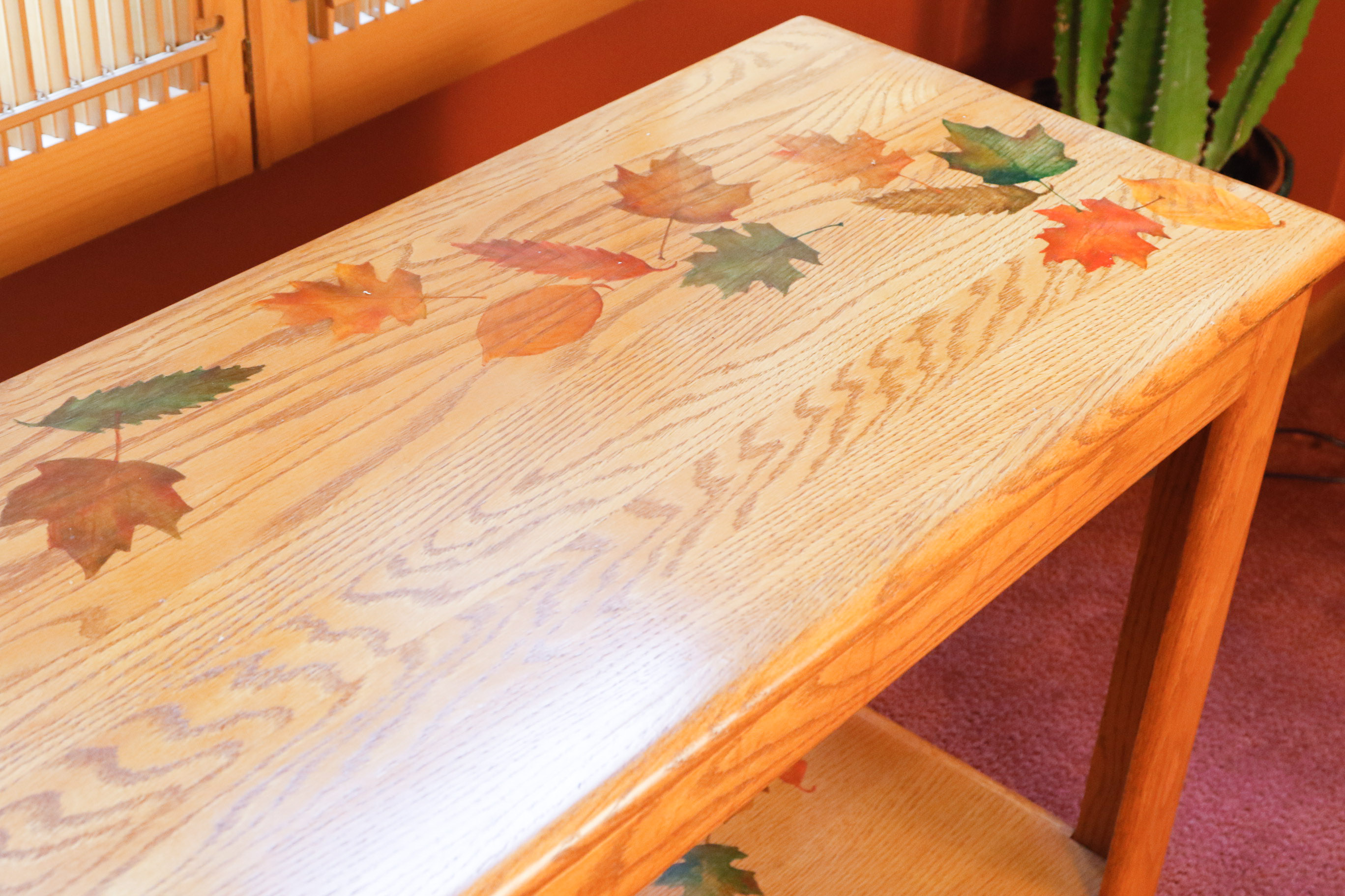 Oak Console Table with Painted Leaf Stencil | EBTH