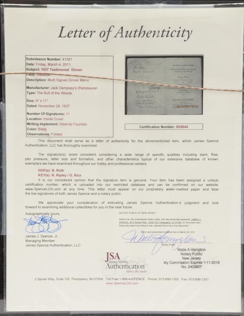 Rare Babe Ruth Multi-Signed Jack Dempsey's Camp Menu JSA COA | EBTH