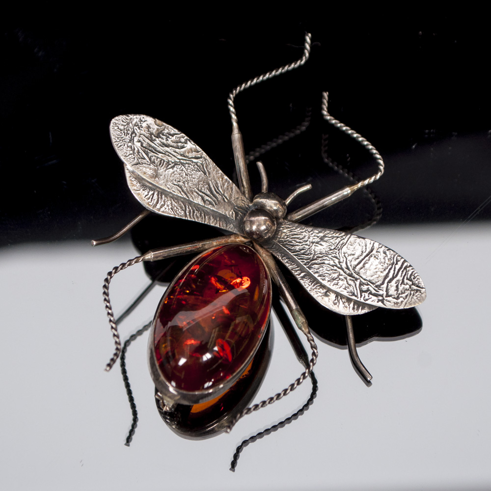 Amber and Sterling Silver Insect Brooch | EBTH