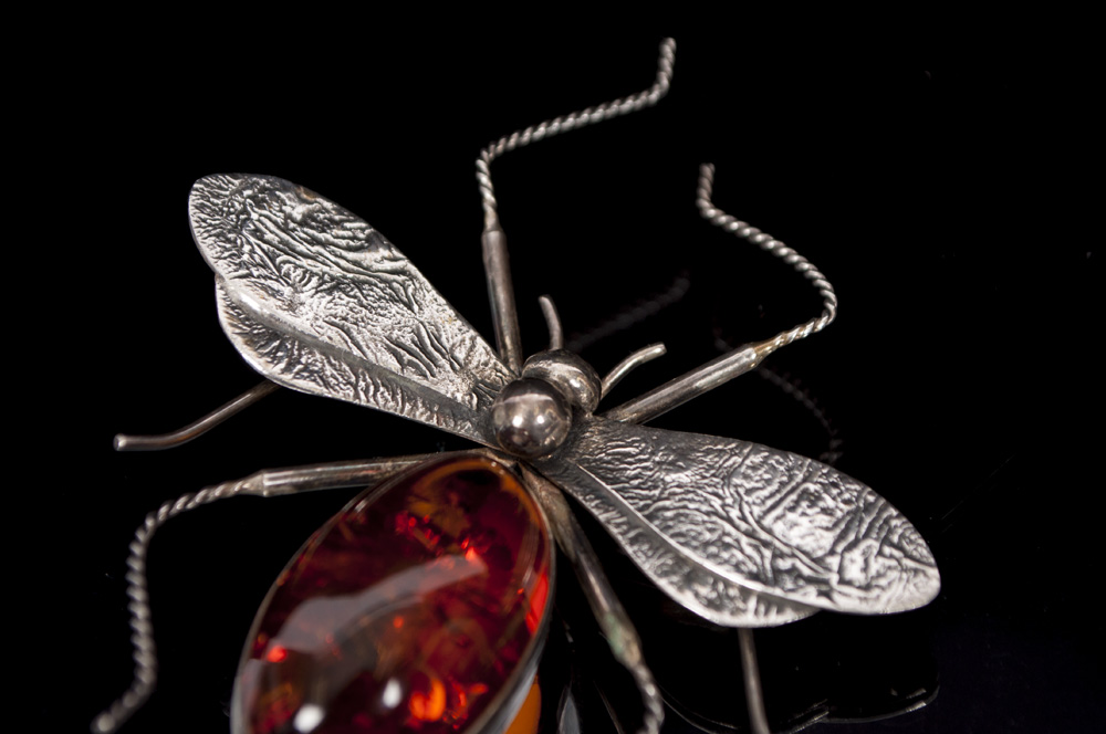 Amber and Sterling Silver Insect Brooch | EBTH