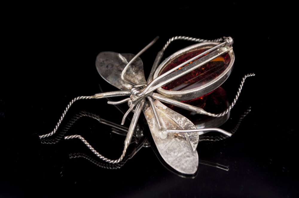 Amber and Sterling Silver Insect Brooch | EBTH
