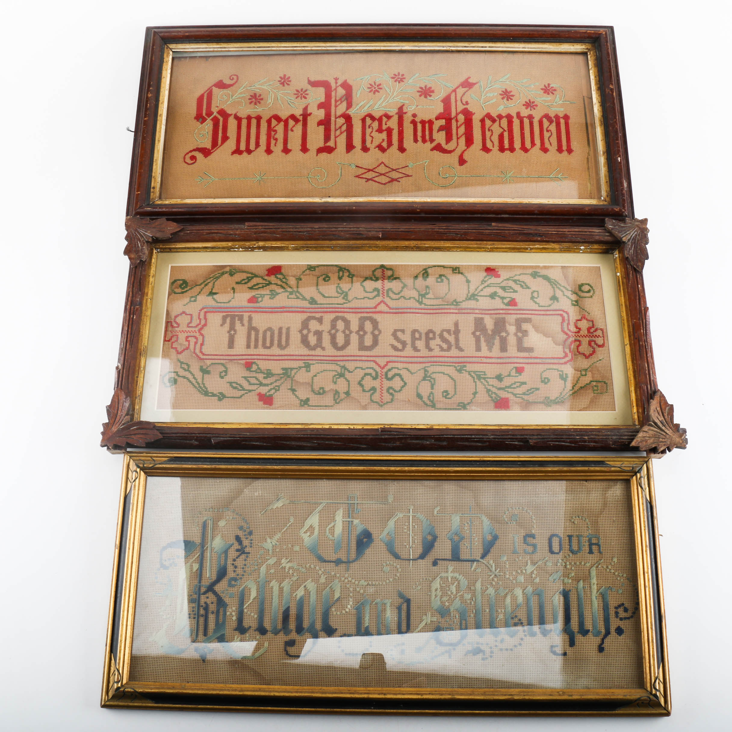 Three Antique Perforated Paper Needlework with Motto Designs | EBTH