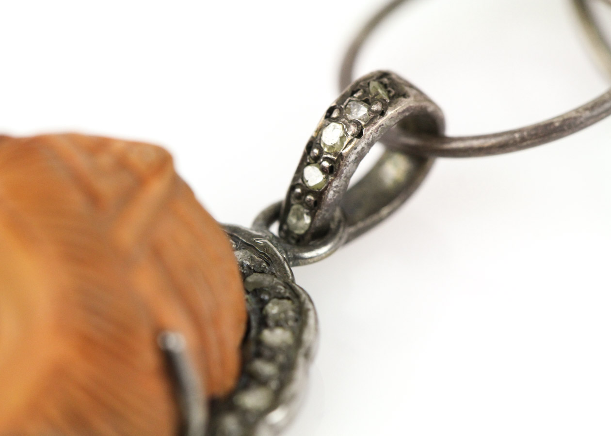 Carved Wood and Diamond Quan Yin Pendant with Sterling Link Chain | EBTH