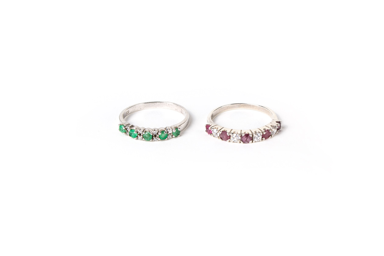 Pair of Sterling Silver, Emerald, and Ruby Rings | EBTH