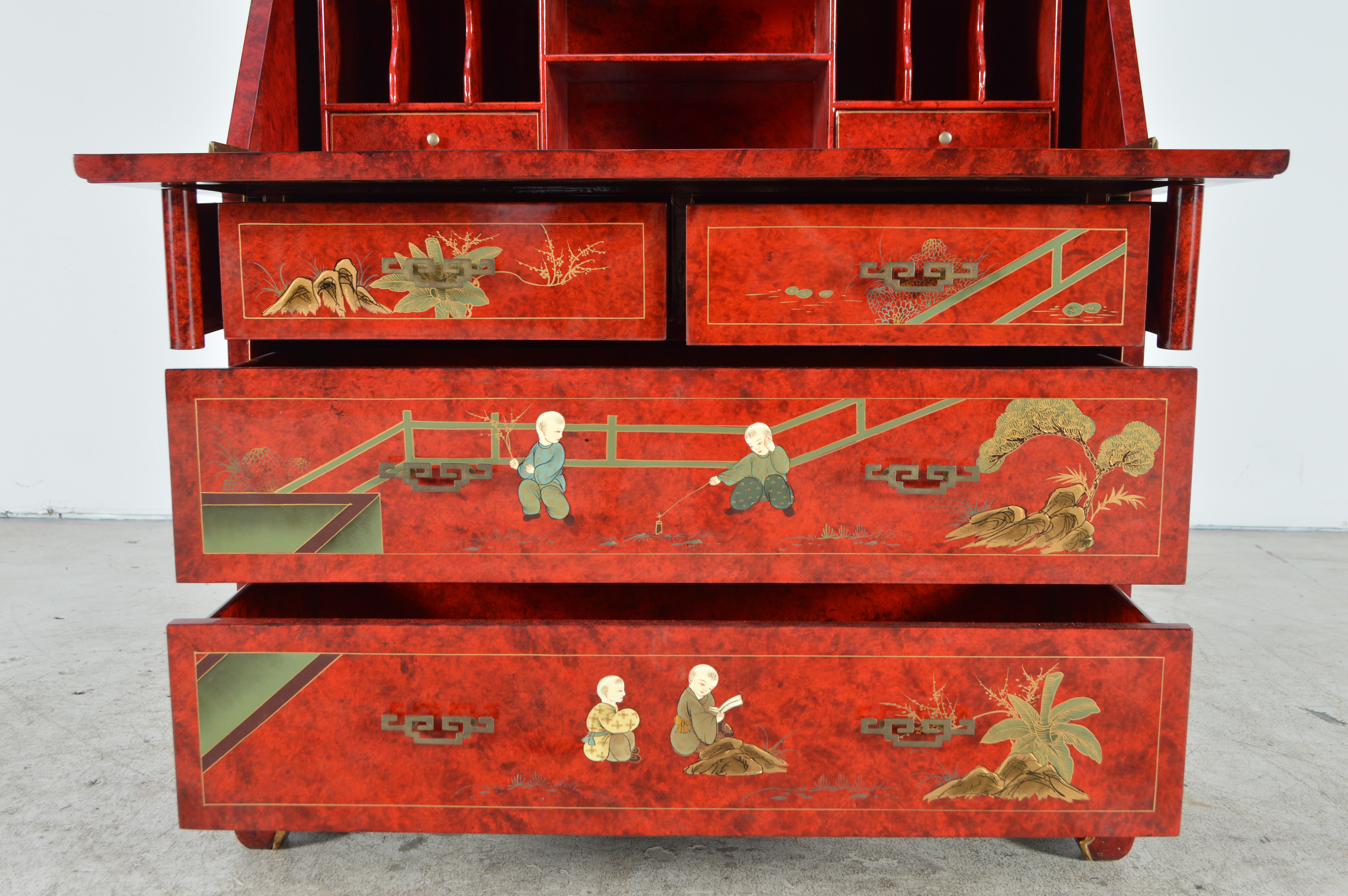 Chinese Inspired Lacquer Secretary Desk with Bookcase | EBTH