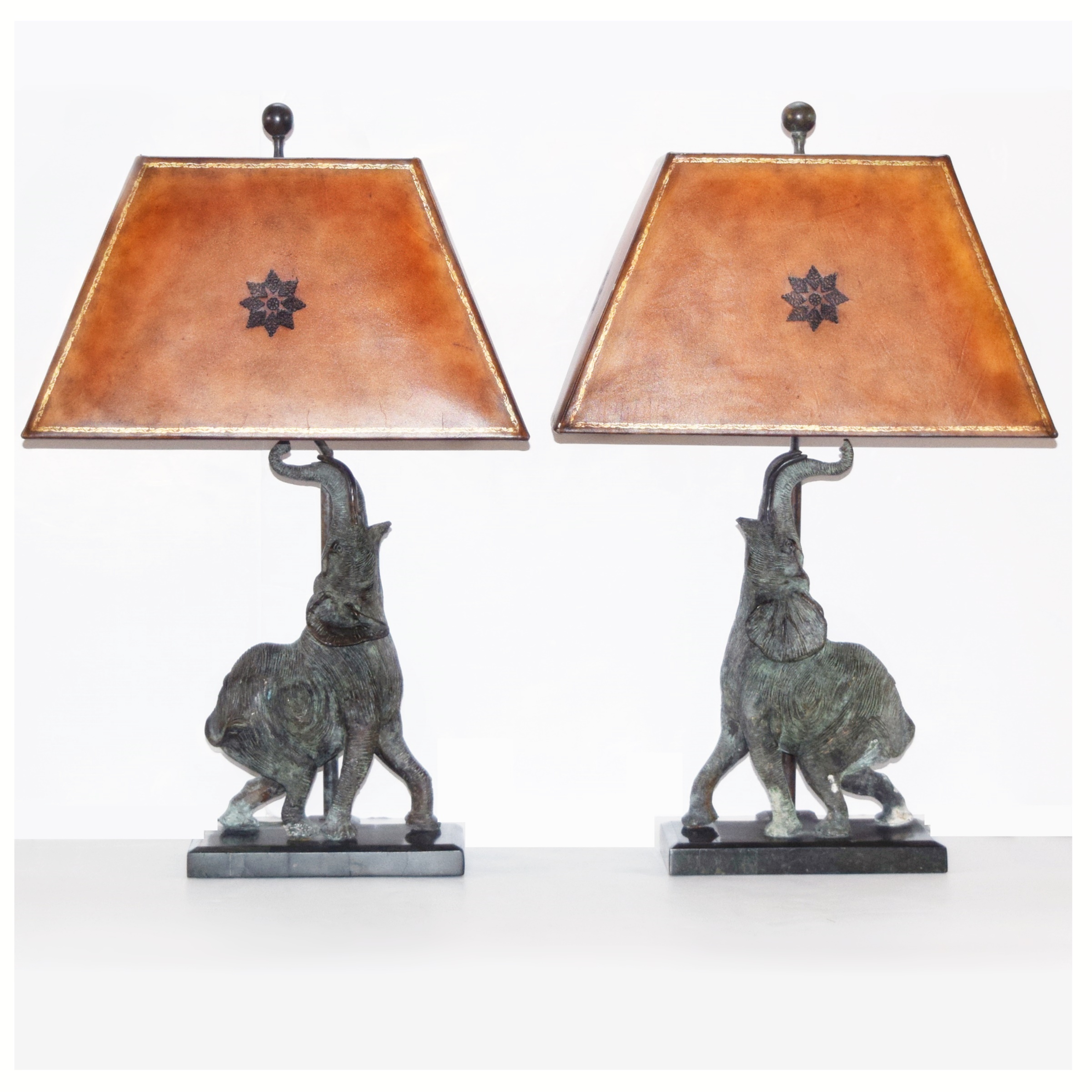 Pair of Elephant Lamps in Metal with Leather Shades | EBTH