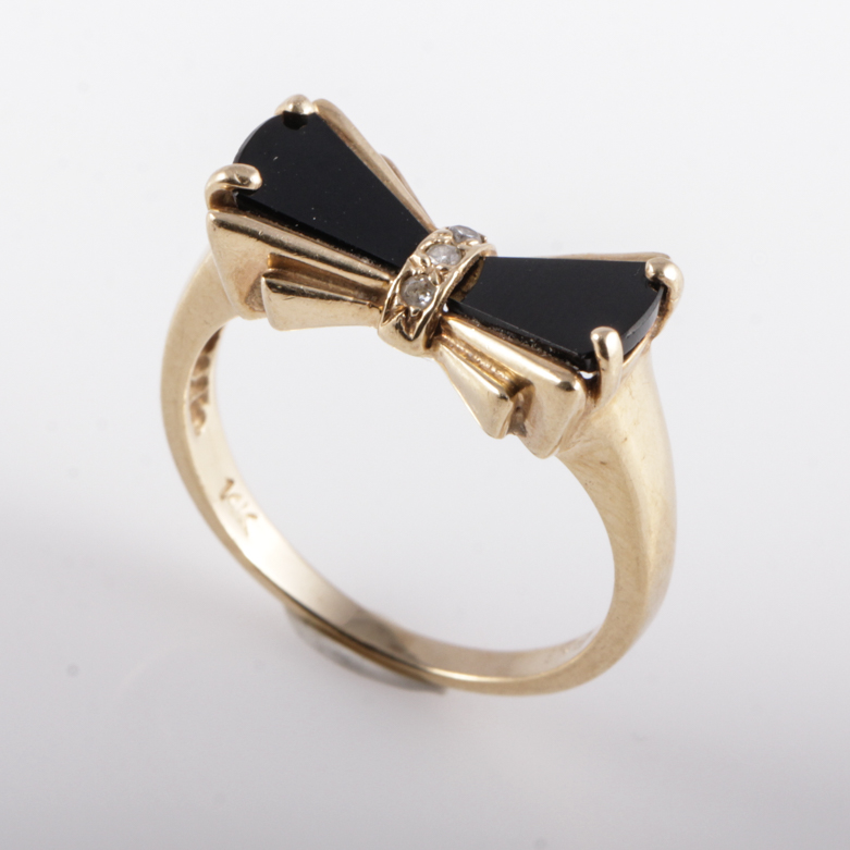 14K Yellow Gold, Onyx, and Diamond Bow Ring | EBTH