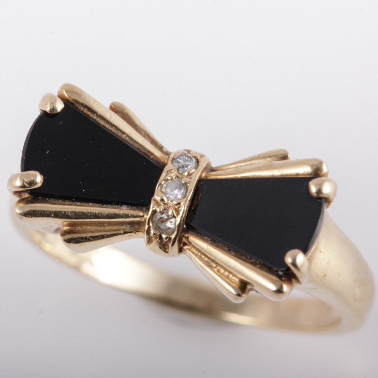 14K Yellow Gold, Onyx, and Diamond Bow Ring | EBTH