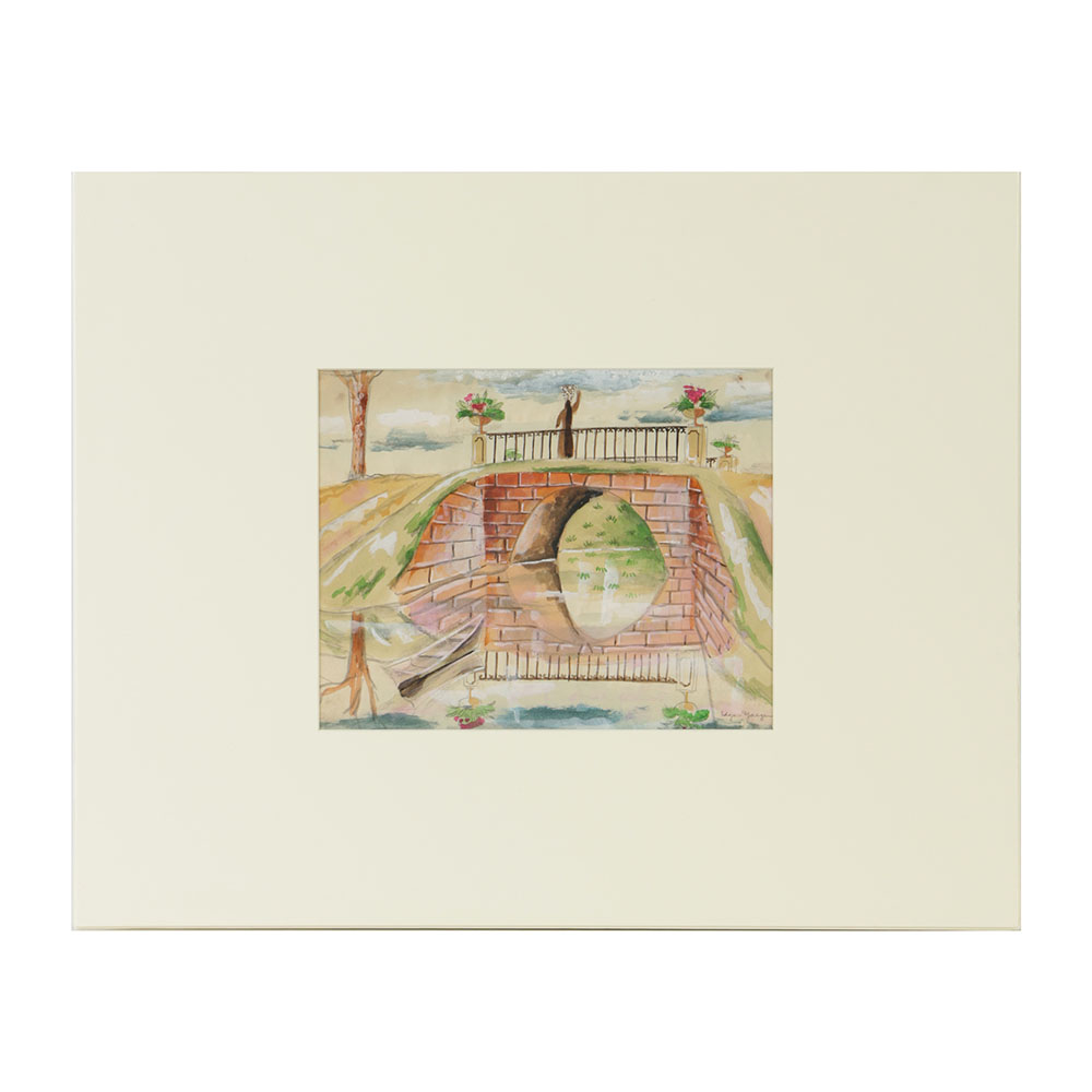 Edgar Yaeger Watercolor Painting on Paper River Landscape with a Bridge ...