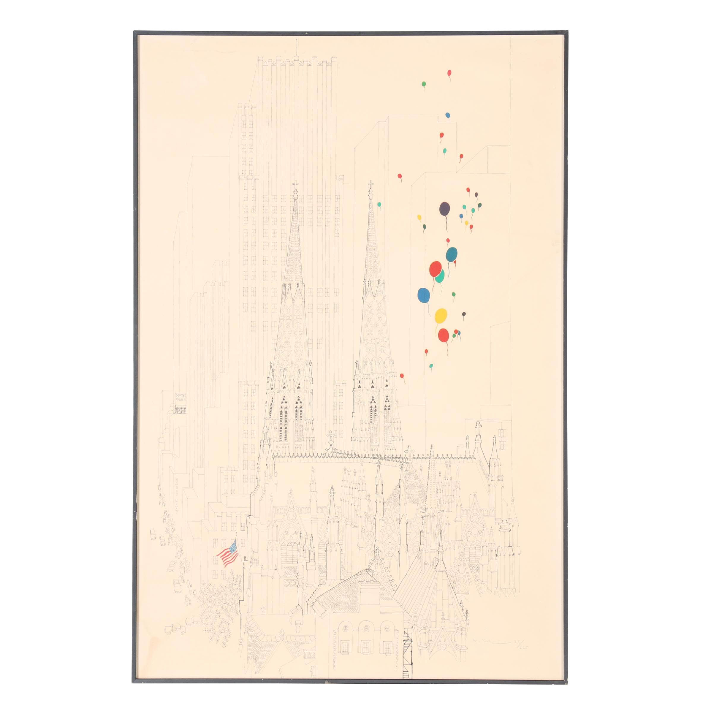 Framed Limited Edition Lithograph of Cityscape with Balloons | EBTH