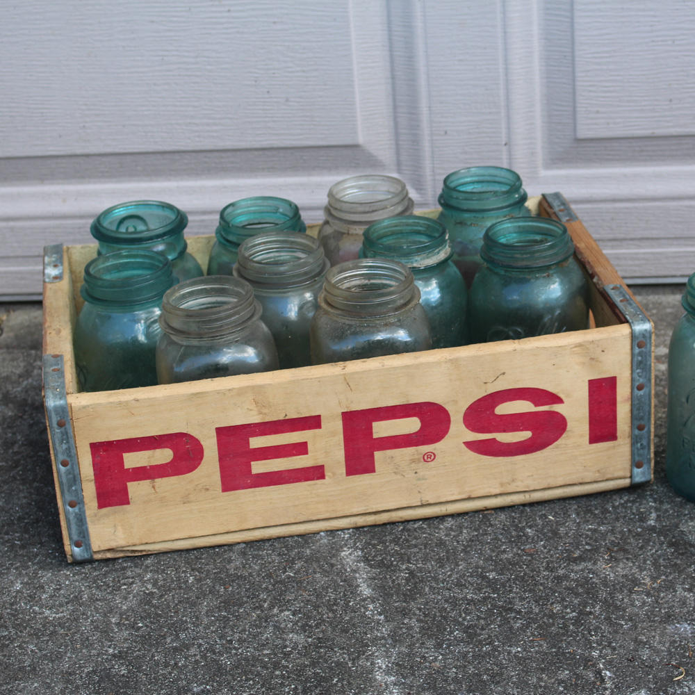 Antique and Vintage Mason Jars and Wooden Pepsi Box | EBTH