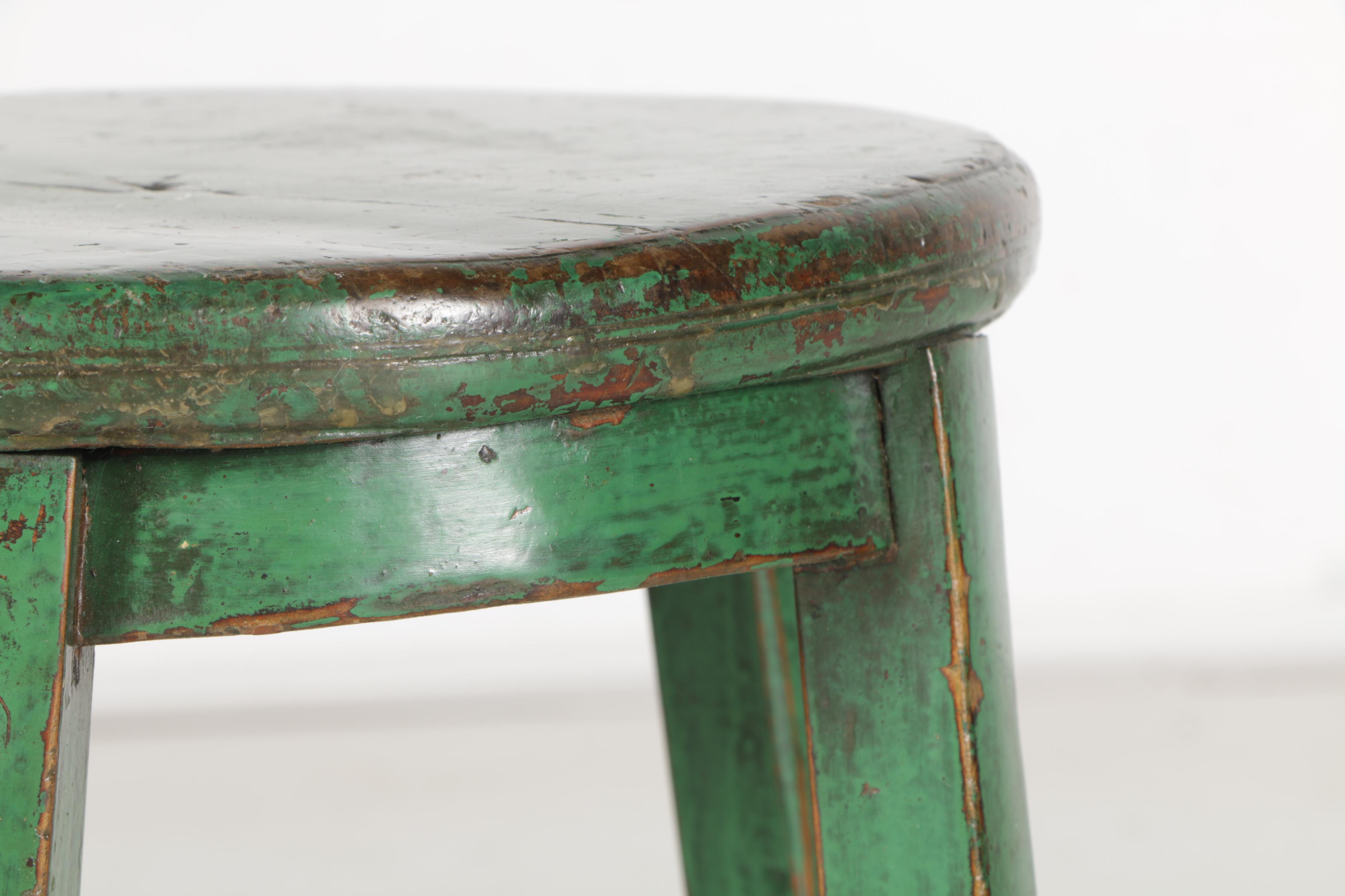 Wooden Stool With Distressed, Green Finish | EBTH