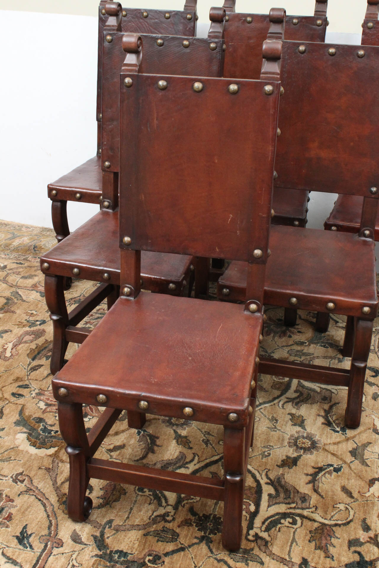 Antique Peruvian Handcrafted Leather Tooled Dining Chair Set | EBTH