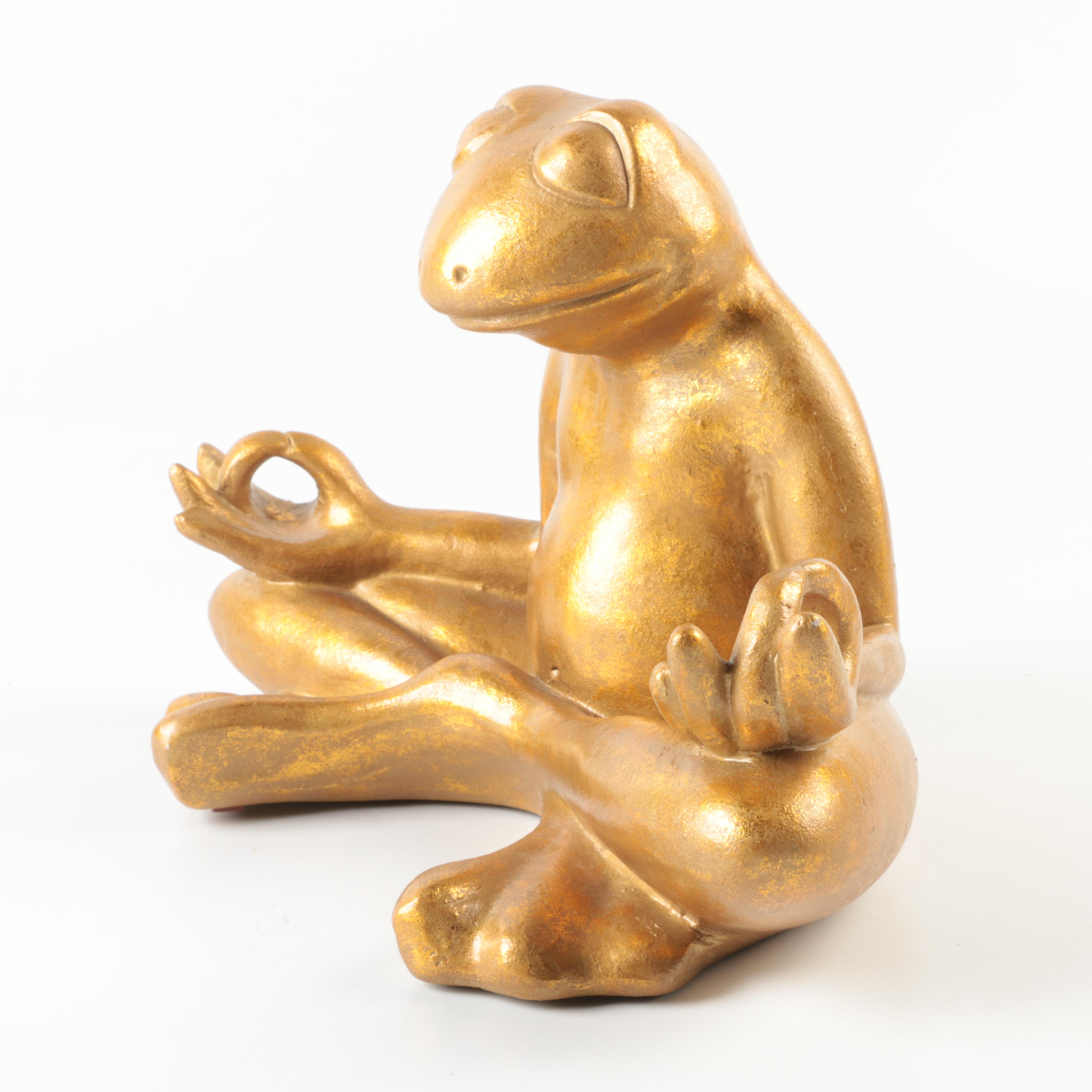 Gold Tone Stoneware Meditating Frog Statue | EBTH