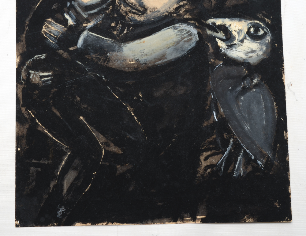 Robert Broderson Ink and Gouache Painting of Two Figures and a Bird ...