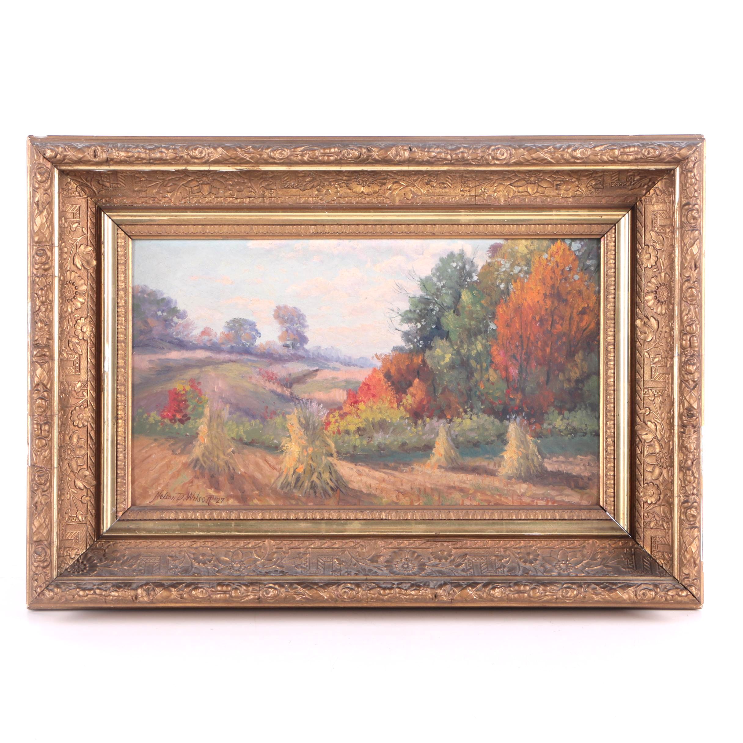 1927 Nelson D. Wilson Oil Painting of Harvest Landscape | Everything ...