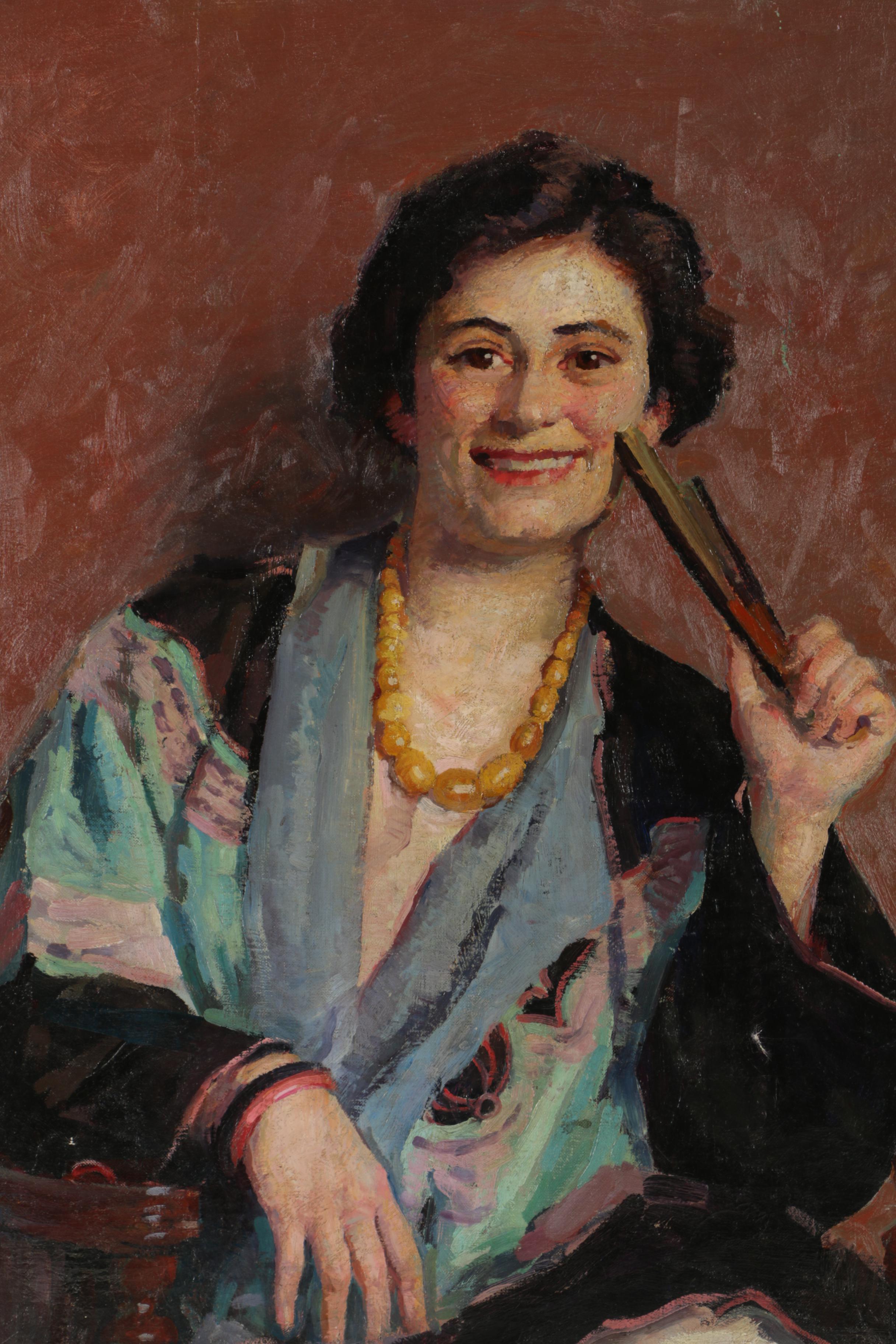 Emily B. Waite Portrait Oil Painting on Canvas of Smiling Woman | EBTH