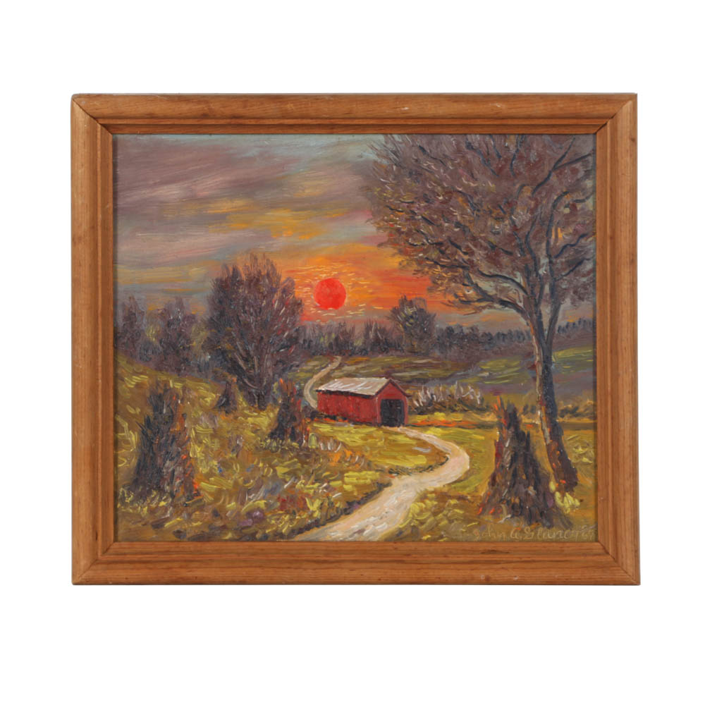 John A. Glancy Oil Painting on Board of a Covered Bridge | EBTH