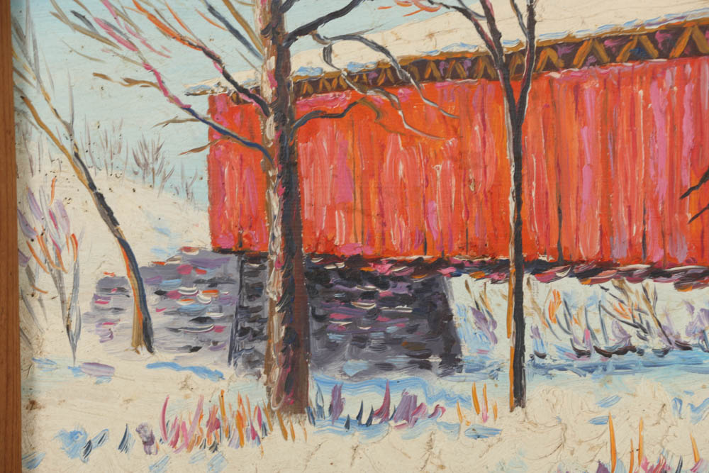 John A. Glancy Oil Painting on Board of Wooden Cover Bridge | EBTH