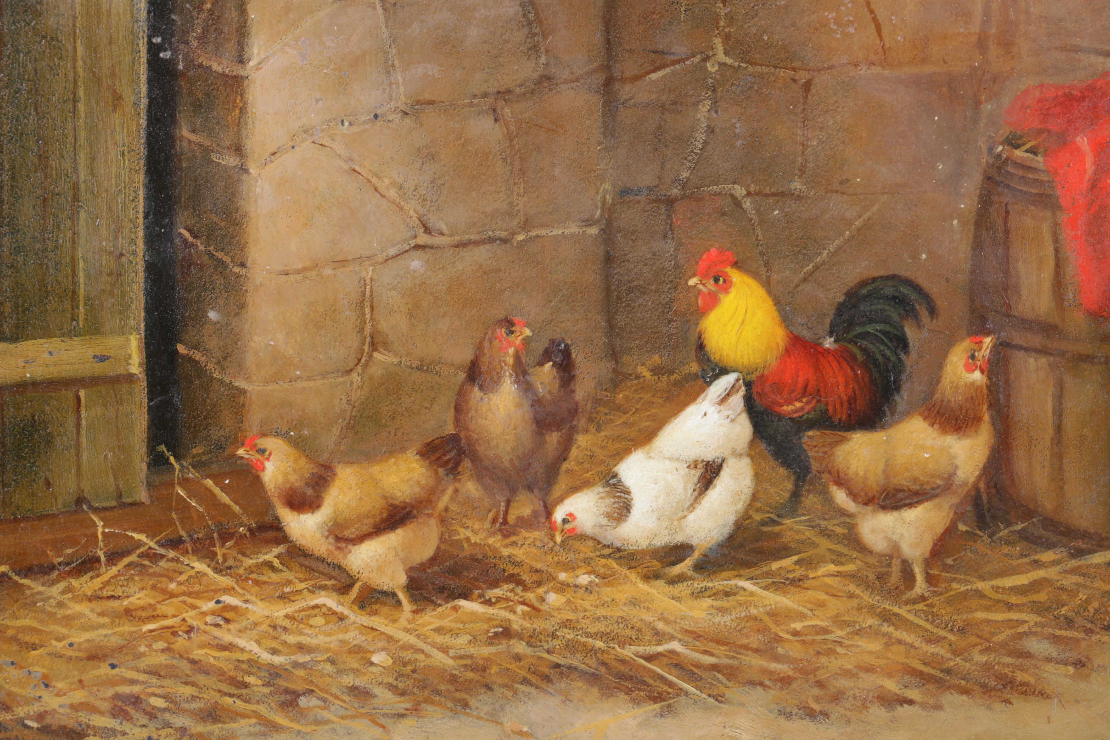J. D. Sorver 1902 Barnyard Fowl Genre Oil Painting on Panel | EBTH