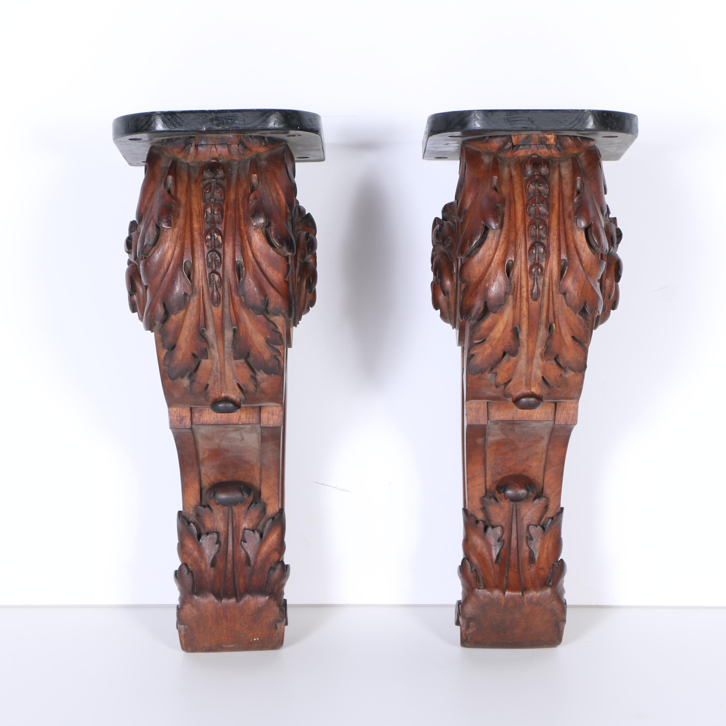 Carved Walnut Tone Wood Shelf Sconces | EBTH