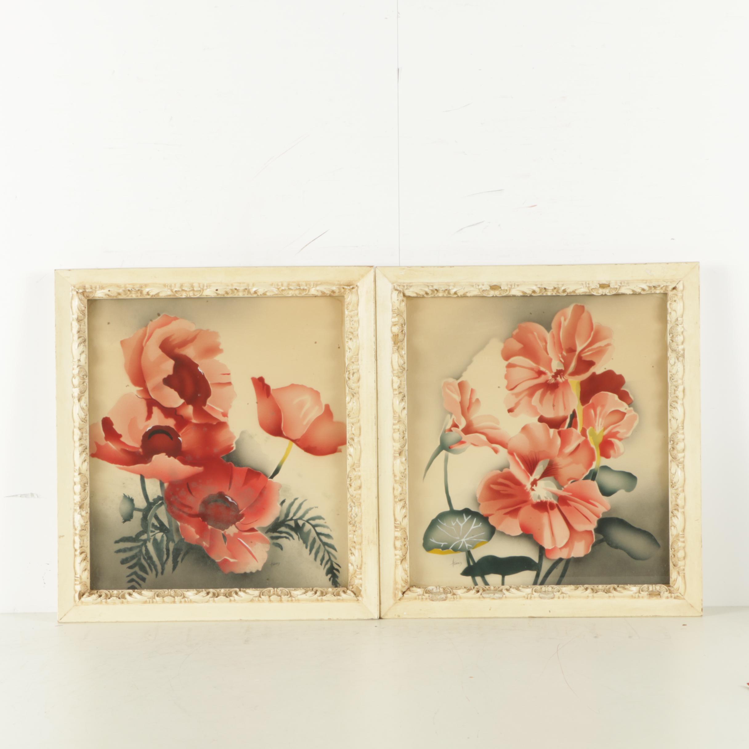 Benjamin Jorj Harris Airbrush Paintings on Paper of Floral Arrangement ...