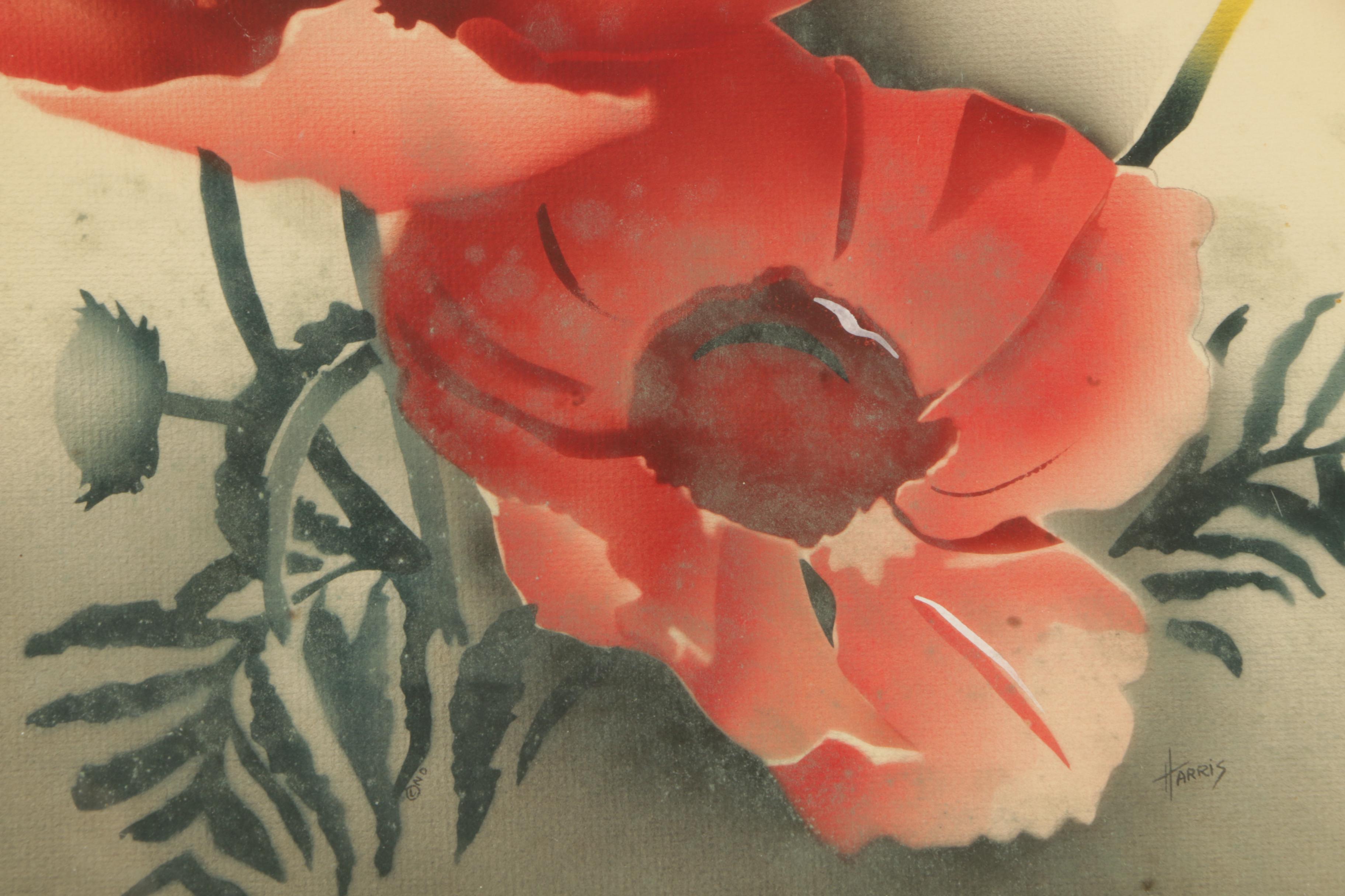 Benjamin Jorj Harris Airbrush Paintings on Paper of Floral Arrangement ...