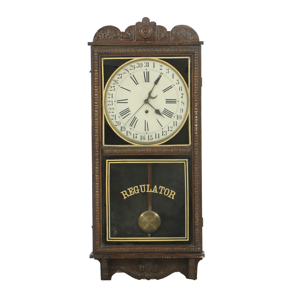Antique "Crane" Regulator Wall Clock with Calendar Dial by Waterbury ...
