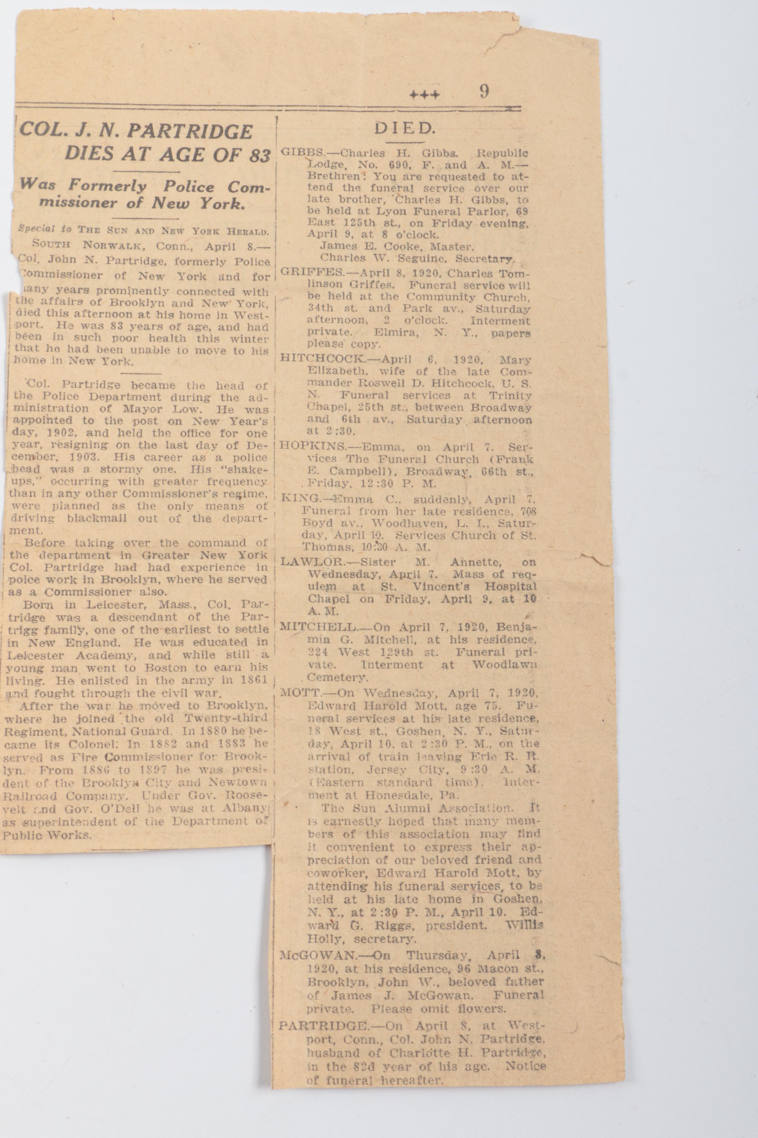 Colonel John Nelson Partridge Death Announcement in Tiffany & Co. Box ...