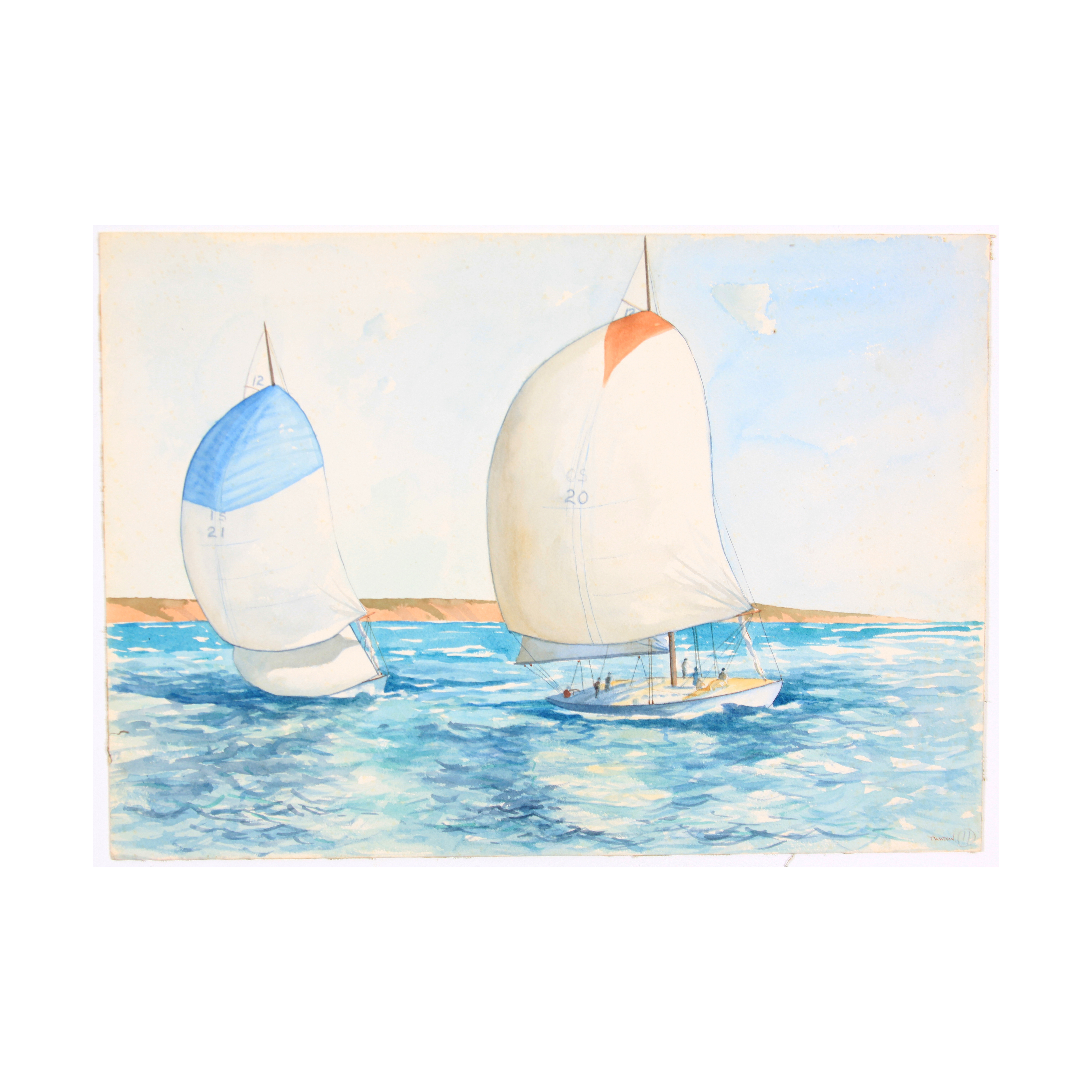 T. Watson Watercolor of Sailboats on the Ocean | EBTH