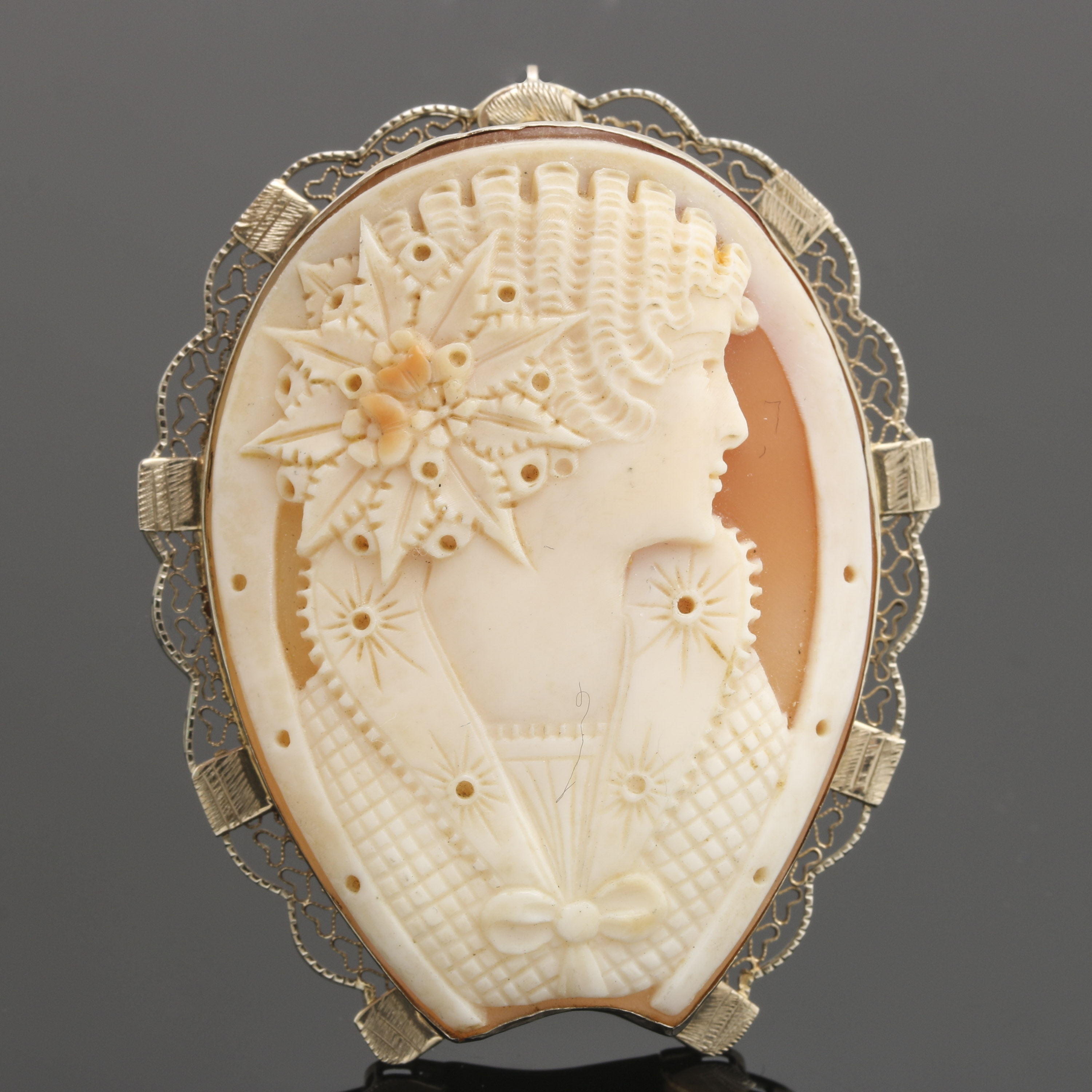 Early 20th Century 14K White Gold Carved Helmet Shell Cameo Brooch | EBTH