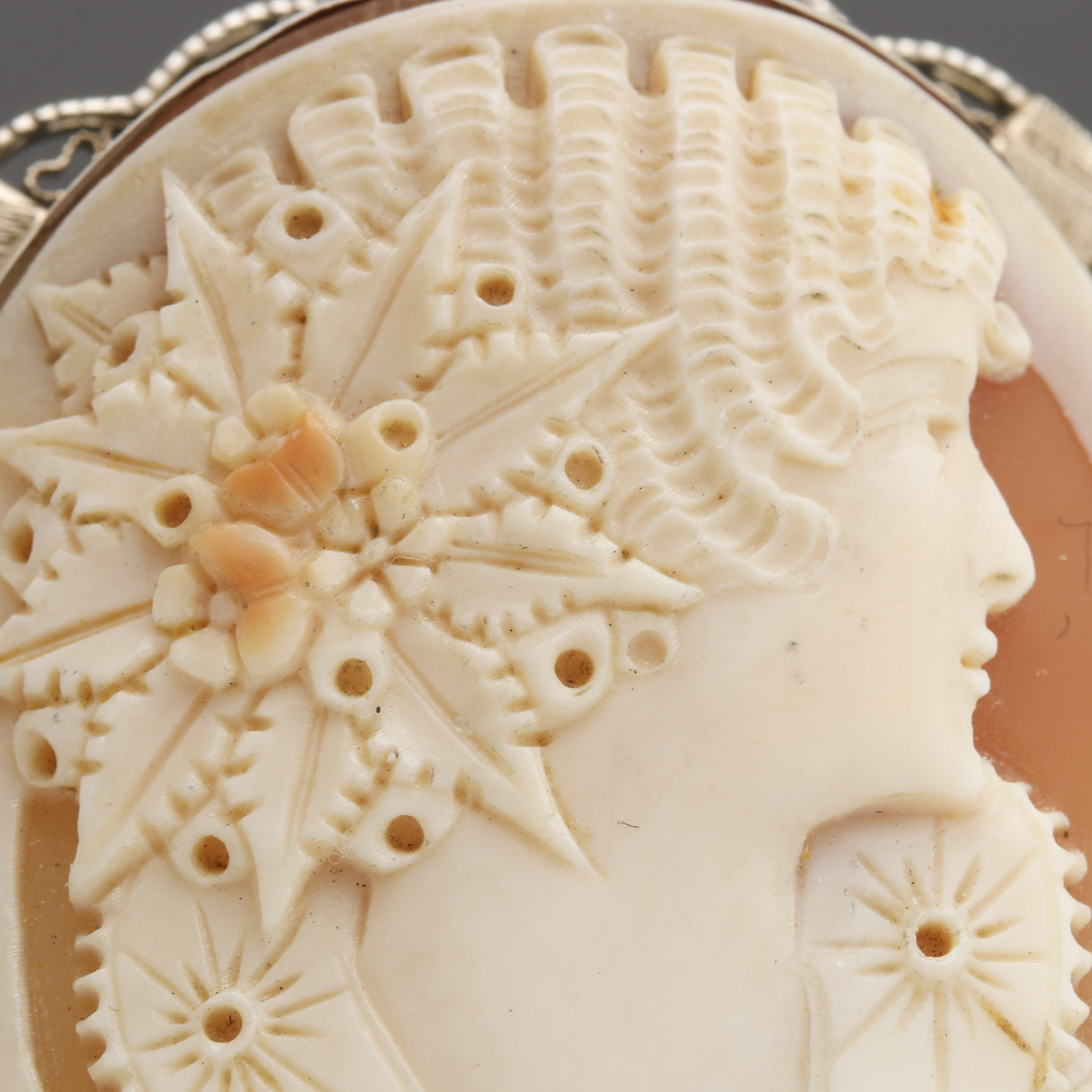 Early 20th Century 14K White Gold Carved Helmet Shell Cameo Brooch | EBTH