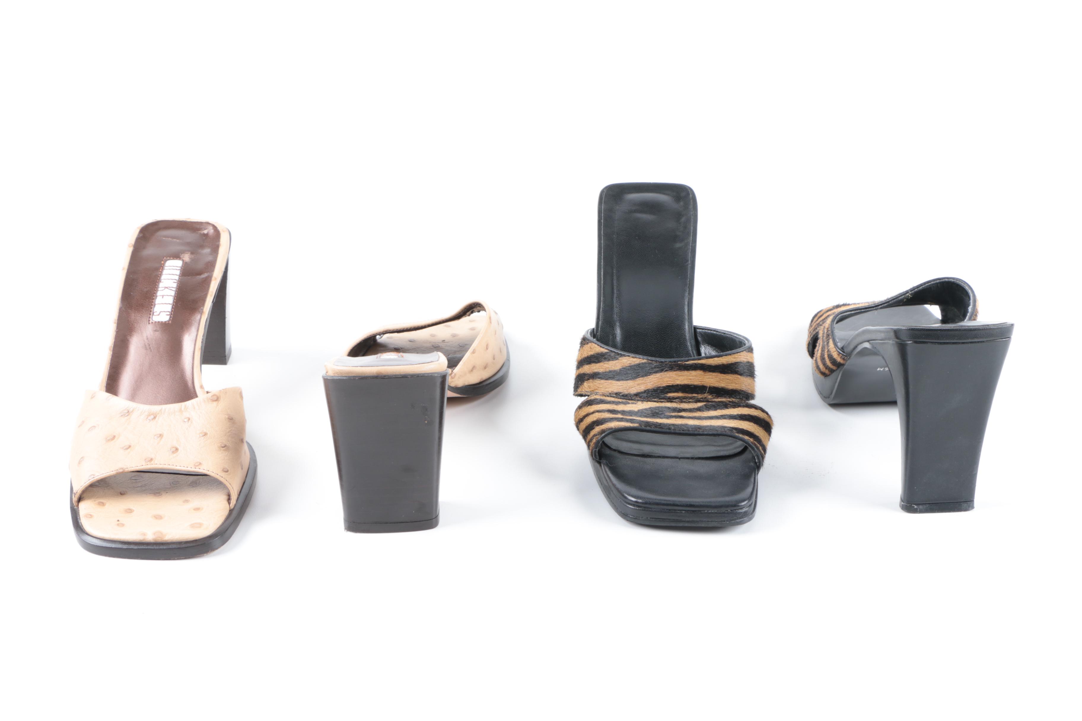 Zebra Print Pony Hair and Nickels Ostrich Leather Slides | EBTH