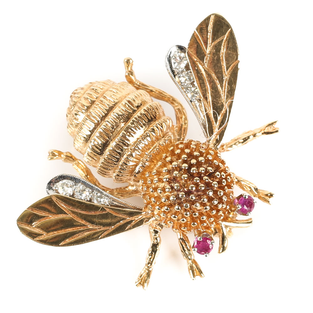 14K Yellow Gold, Diamond and Ruby Queen Bee Brooch | EBTH