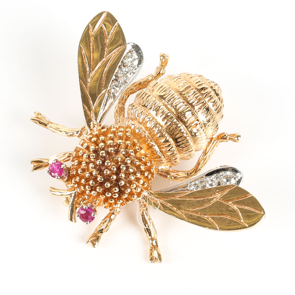 14K Yellow Gold, Diamond and Ruby Queen Bee Brooch | EBTH