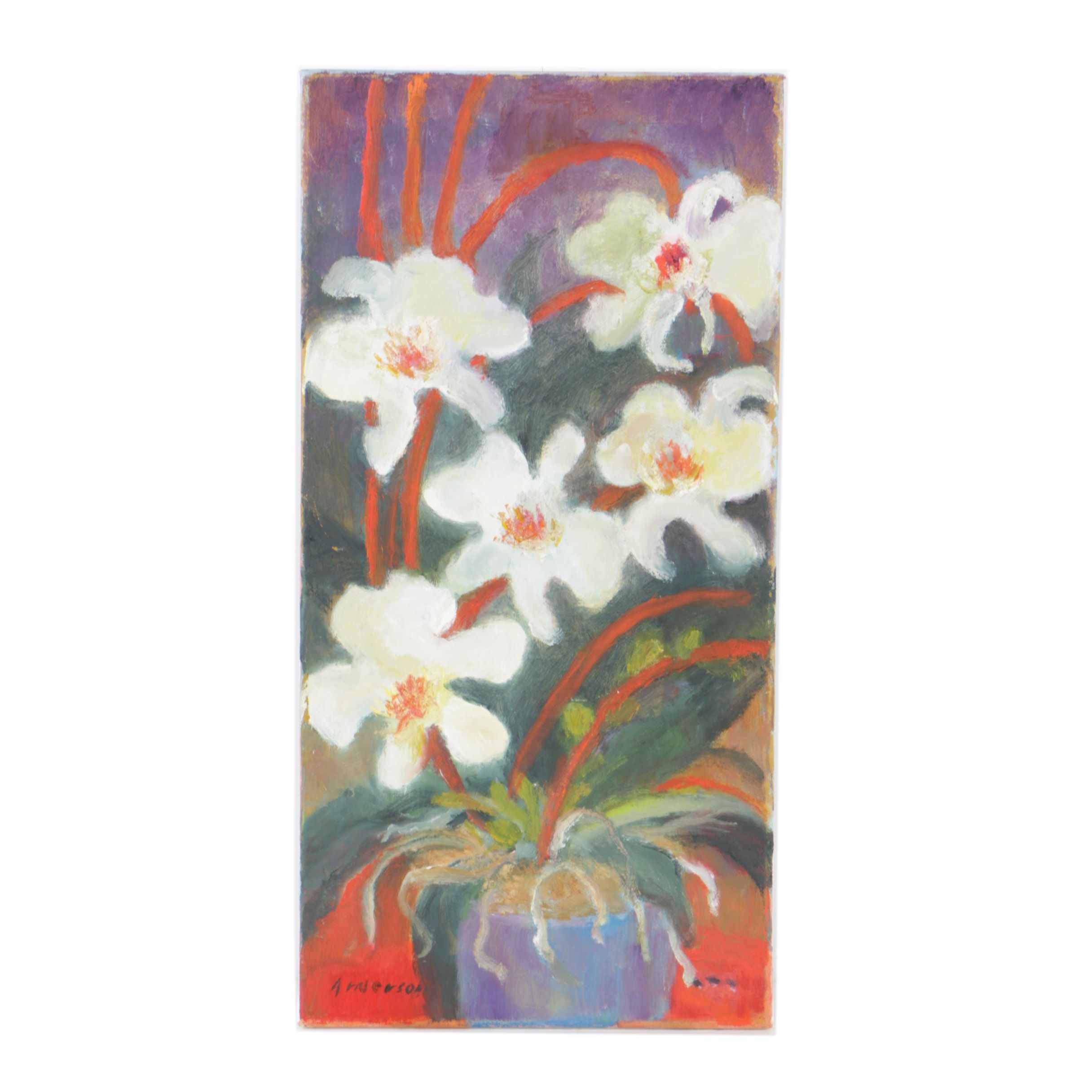 Beth Anderson Oil Painting "White Orchids on a Red Table" | EBTH