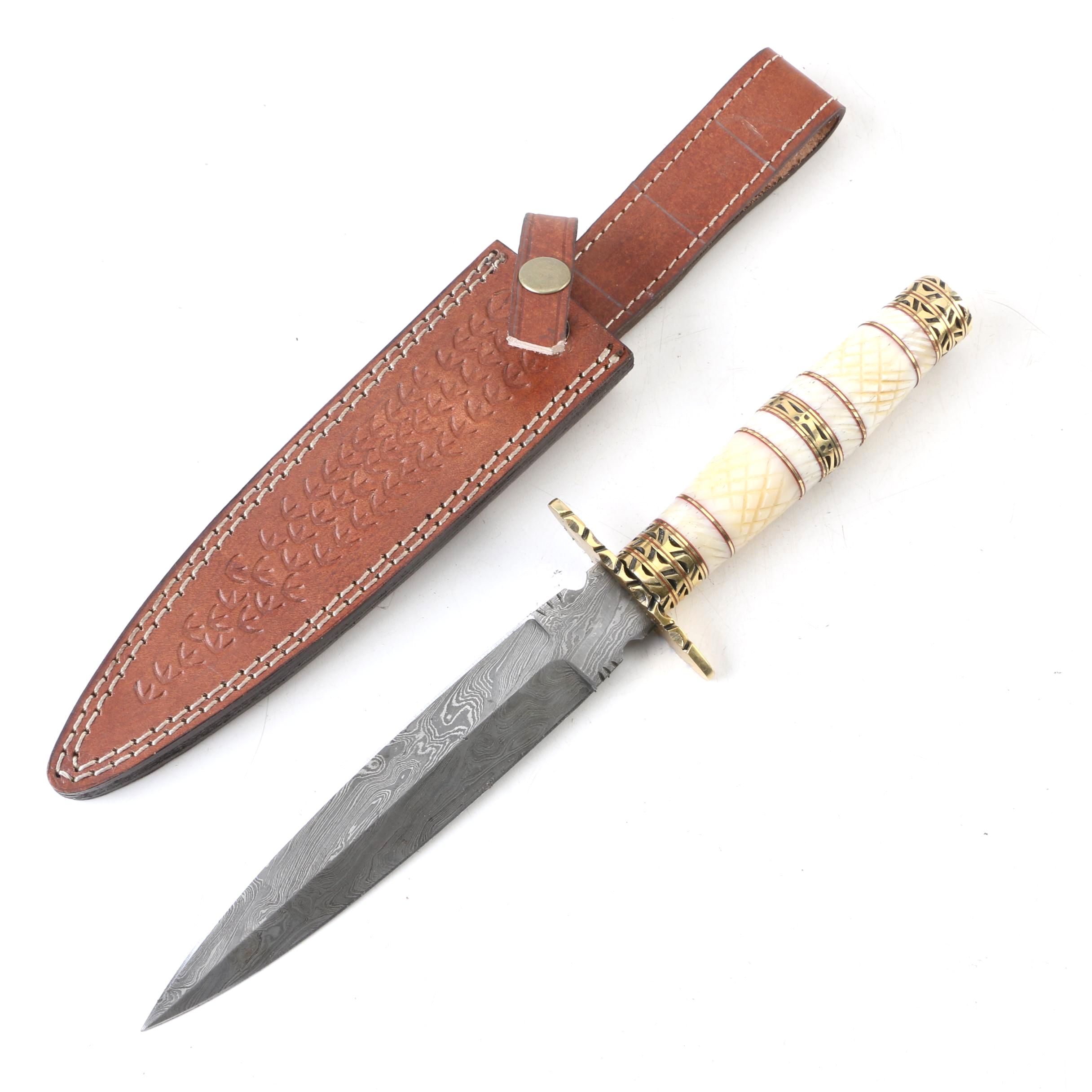 Fixed Blade Stiletto Knife with Bone Grip, Damascus Pattern, and ...