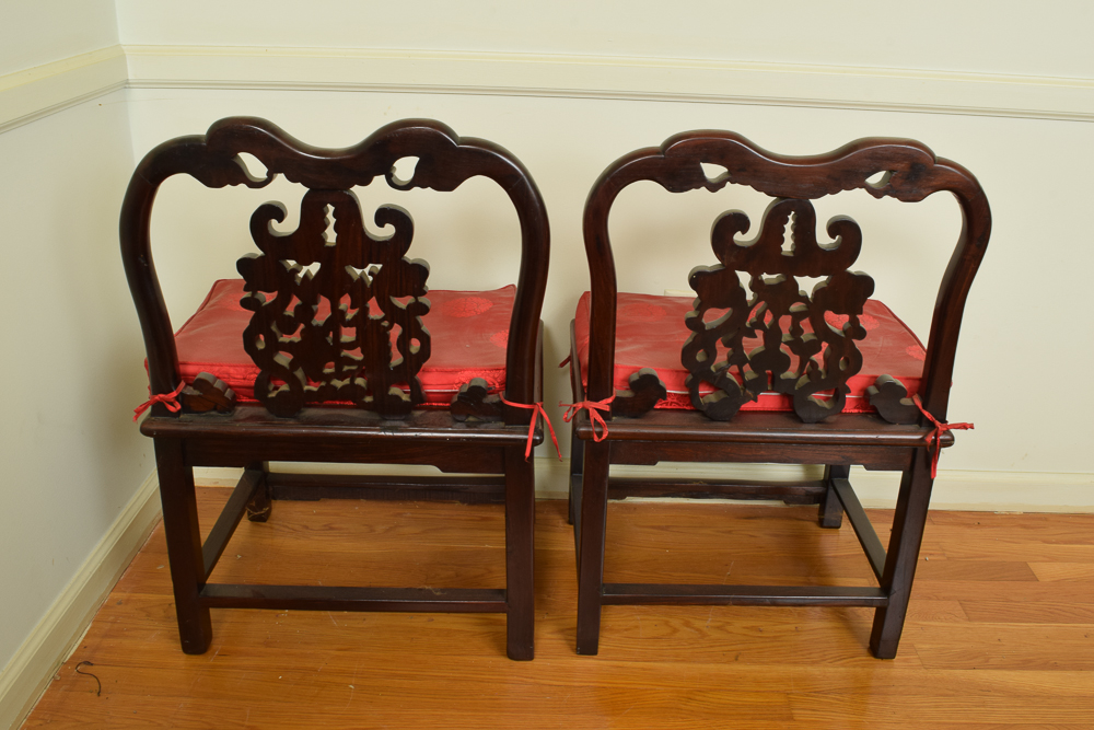 Four Asian Style Rosewood Low Red Seated Chairs | Everything But The House